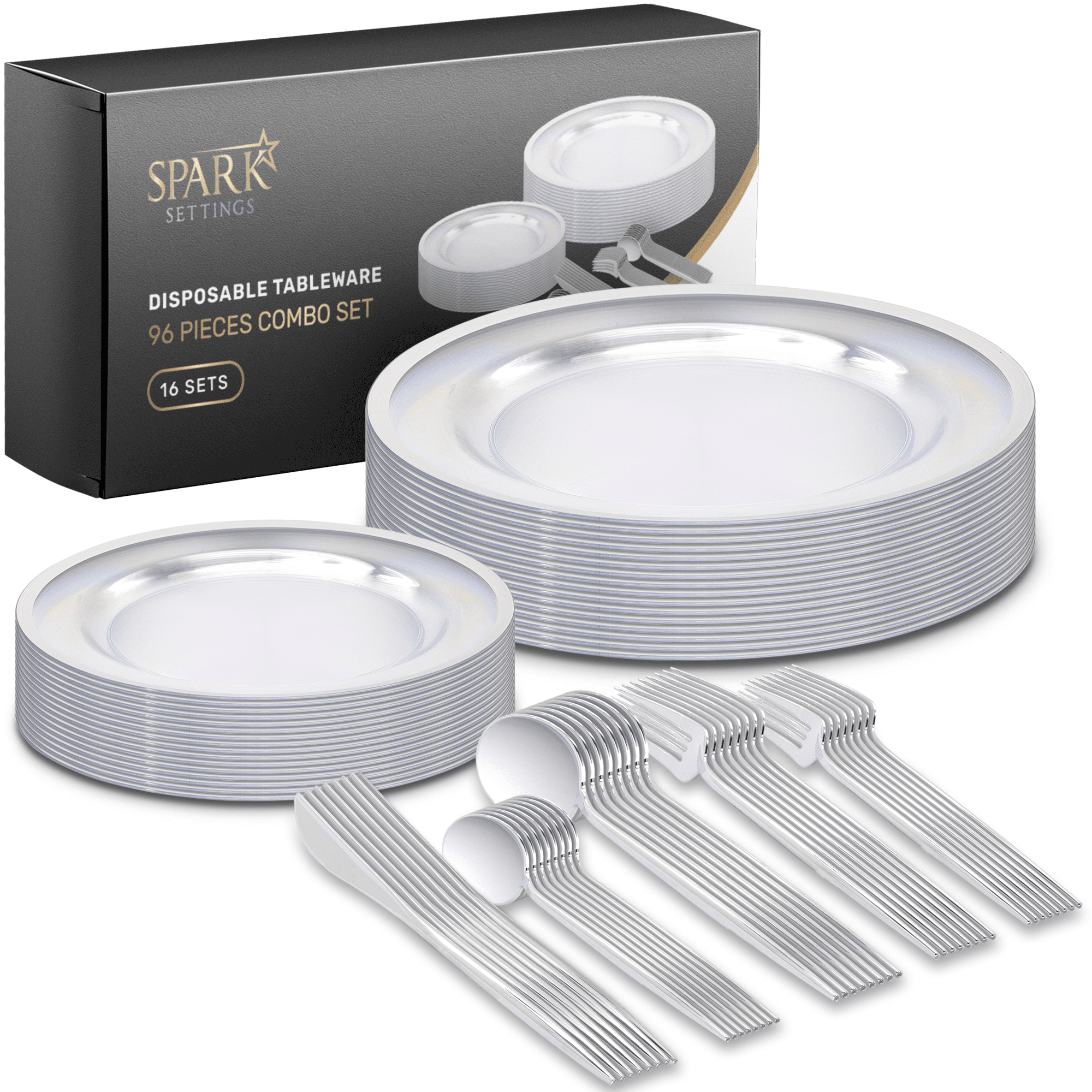 SparkSettings Clear Plastic Plates with Silver Rim & Disposable Silver ...