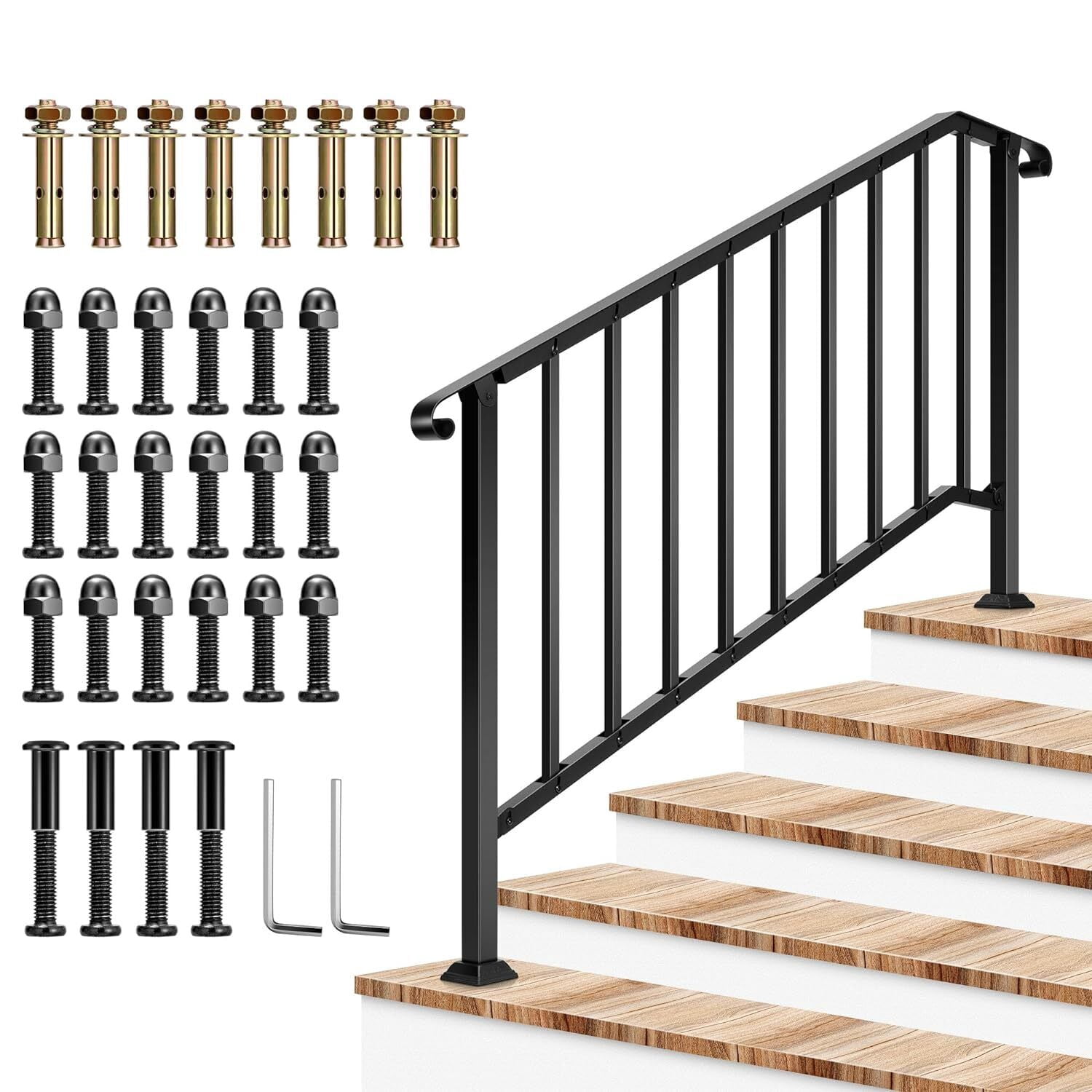 SparkTrend 2/3/4/5 Steps Wrought Iron Handrail Stair Railing Adjustable ...