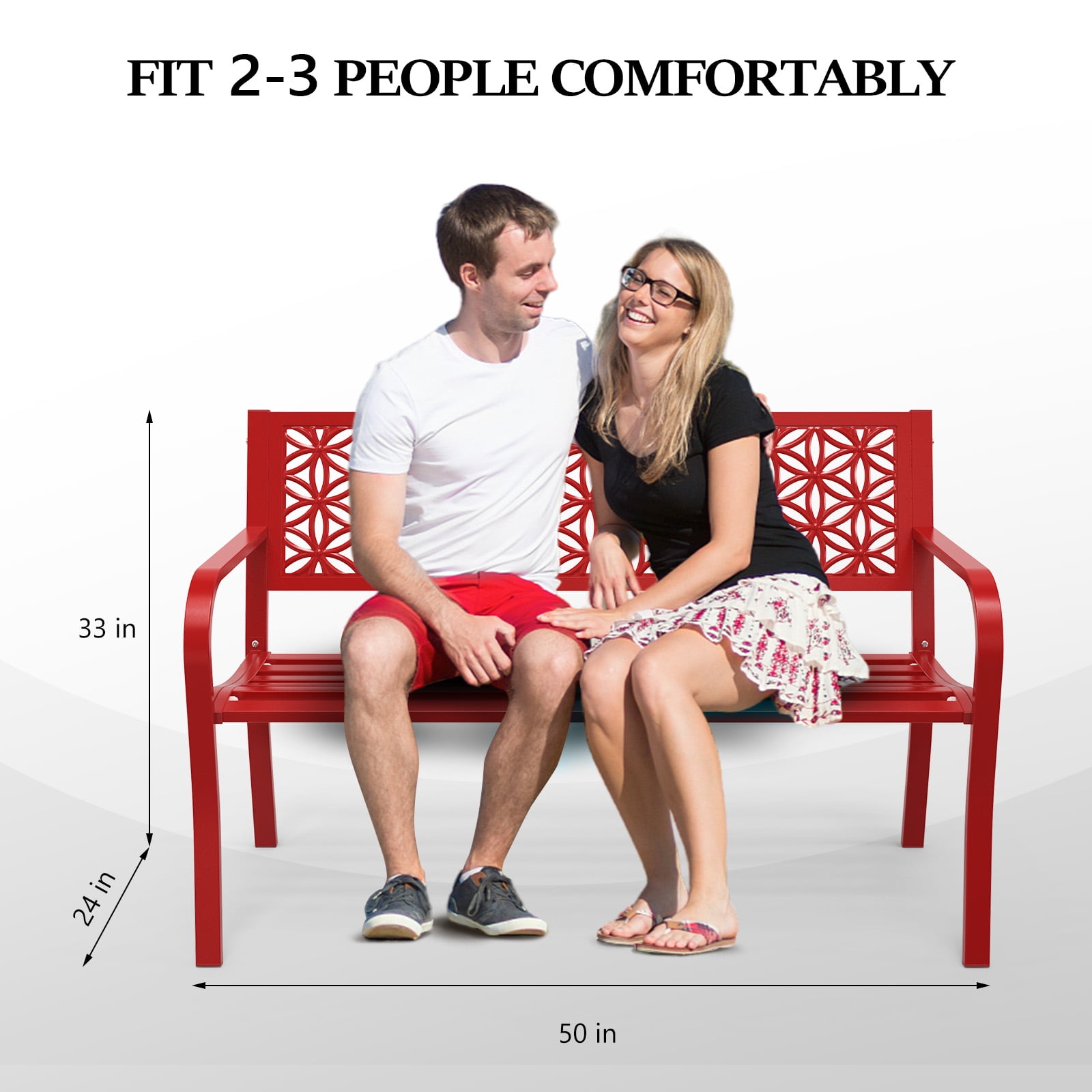 SparkTrend 50" Outdoor Bench Metal with Floral Back, Garden Bench Front Porch Bench for Yard ...