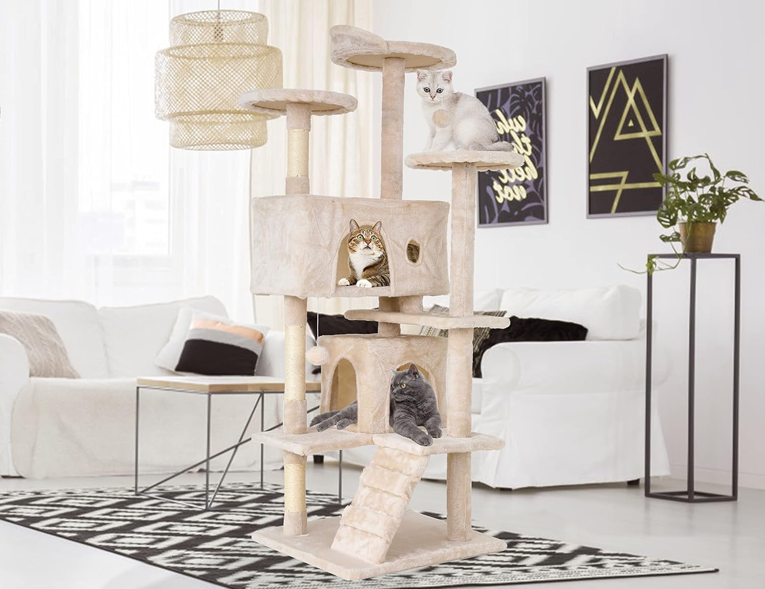 SparkTrend 54'' Tall Multi-Level Cat Tree with 3 Scratching Posts, 3 ...