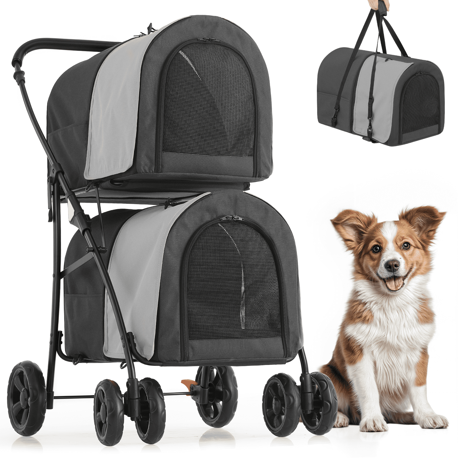 SparkTrend Double Dog Stroller Folding 4 Wheels Travel Cage Carrier w/2 ...
