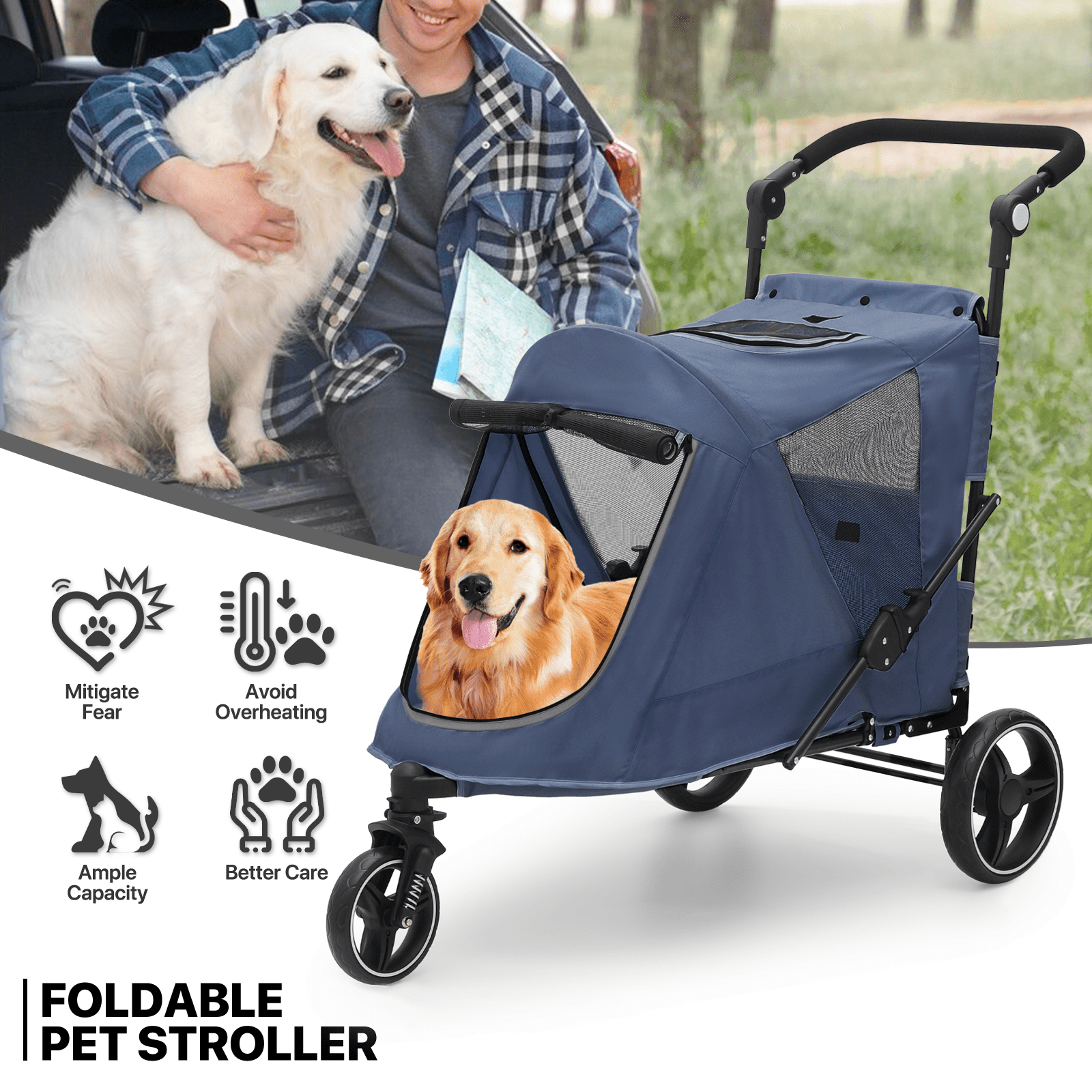 SparkTrend Pet Stroller for Large Dogs or Multiple Dogs Cats with ...