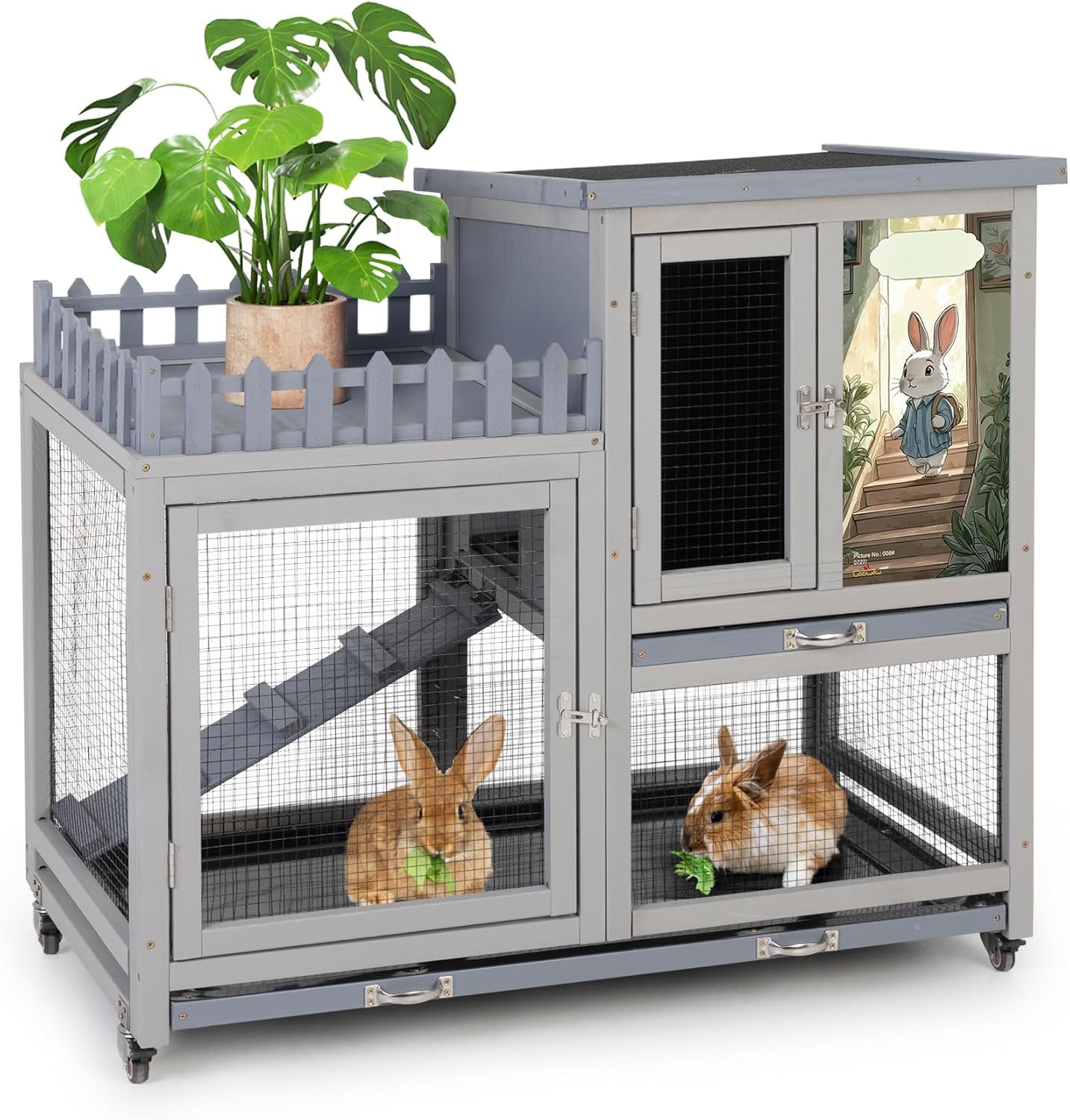 SparkTrend Wood Rabbit Hutch with Balcony - Small Animal House Bunny ...