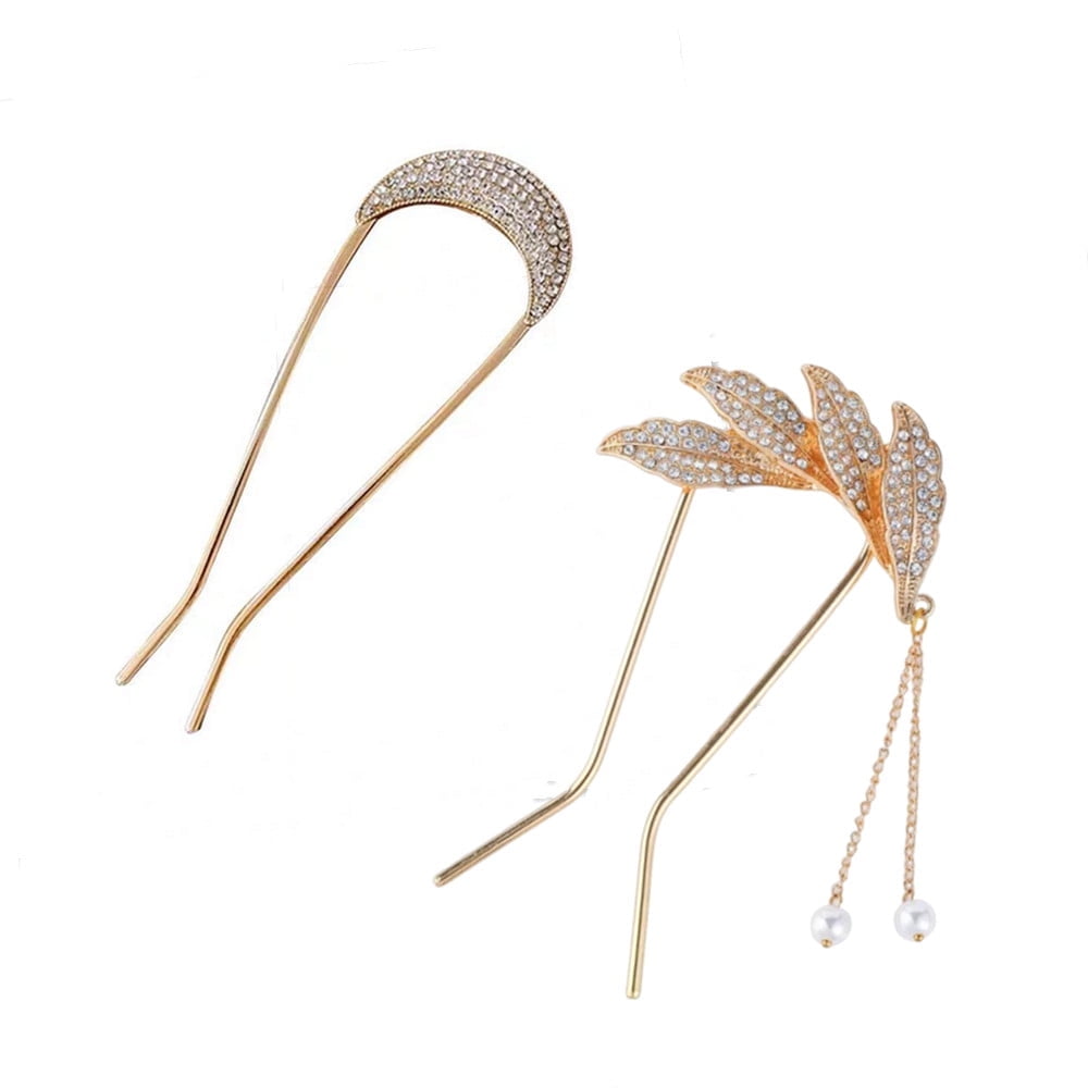 Sparkle & Bliss Elegant Rhinestone Hair Fork - Gold Leaf Moon Tassel ...