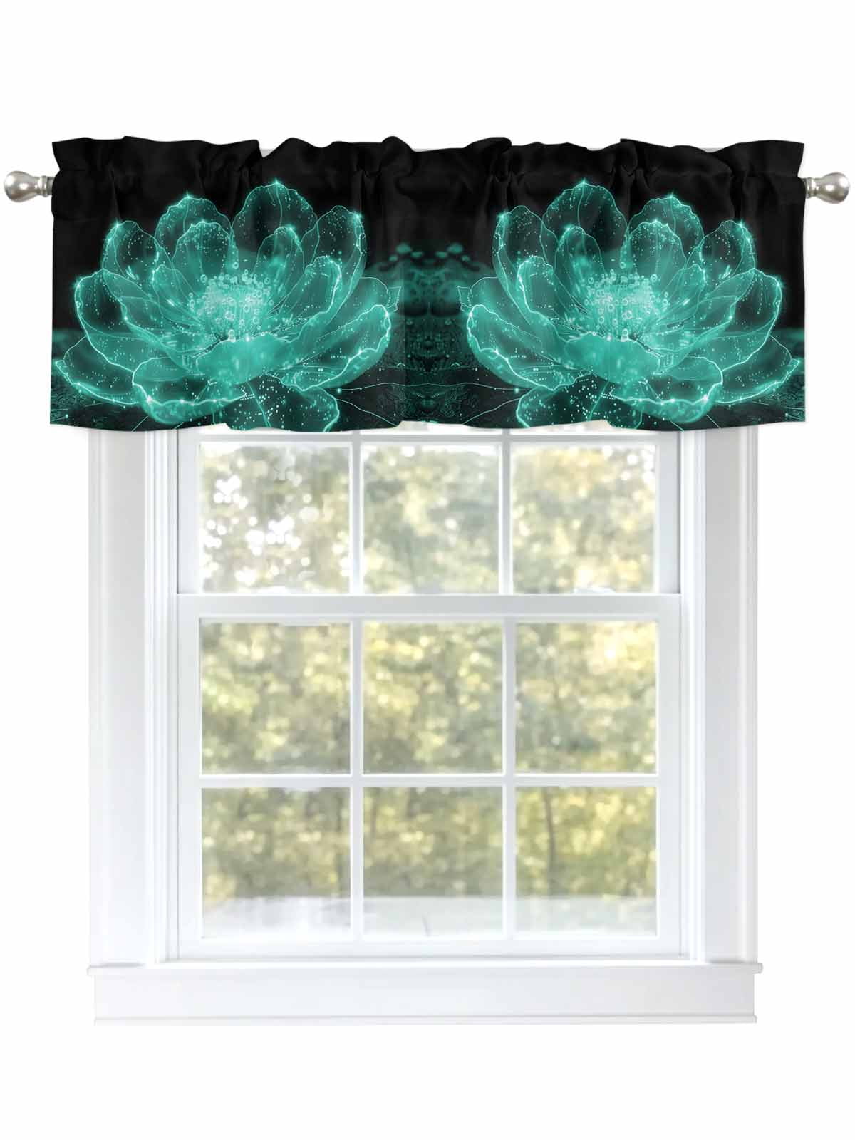 Sparkle Blue Green Flower Curtain Valances for Windows, Black Window ...