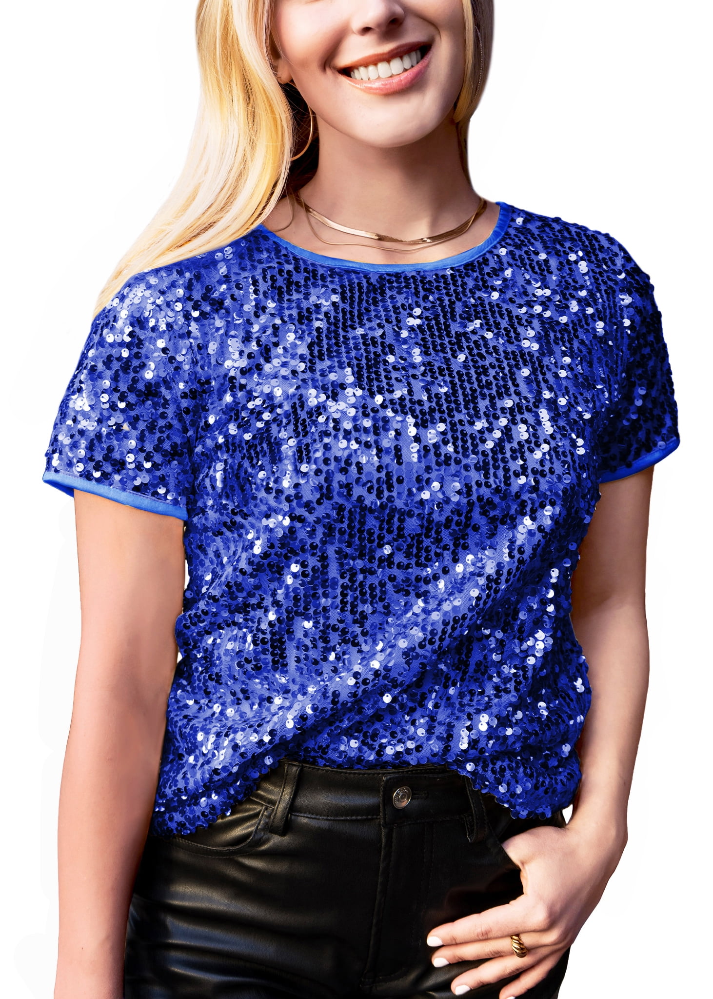 Sparkle Full Sequin Tops for Women Short Sleeve Shiny Shirt Blouse ...