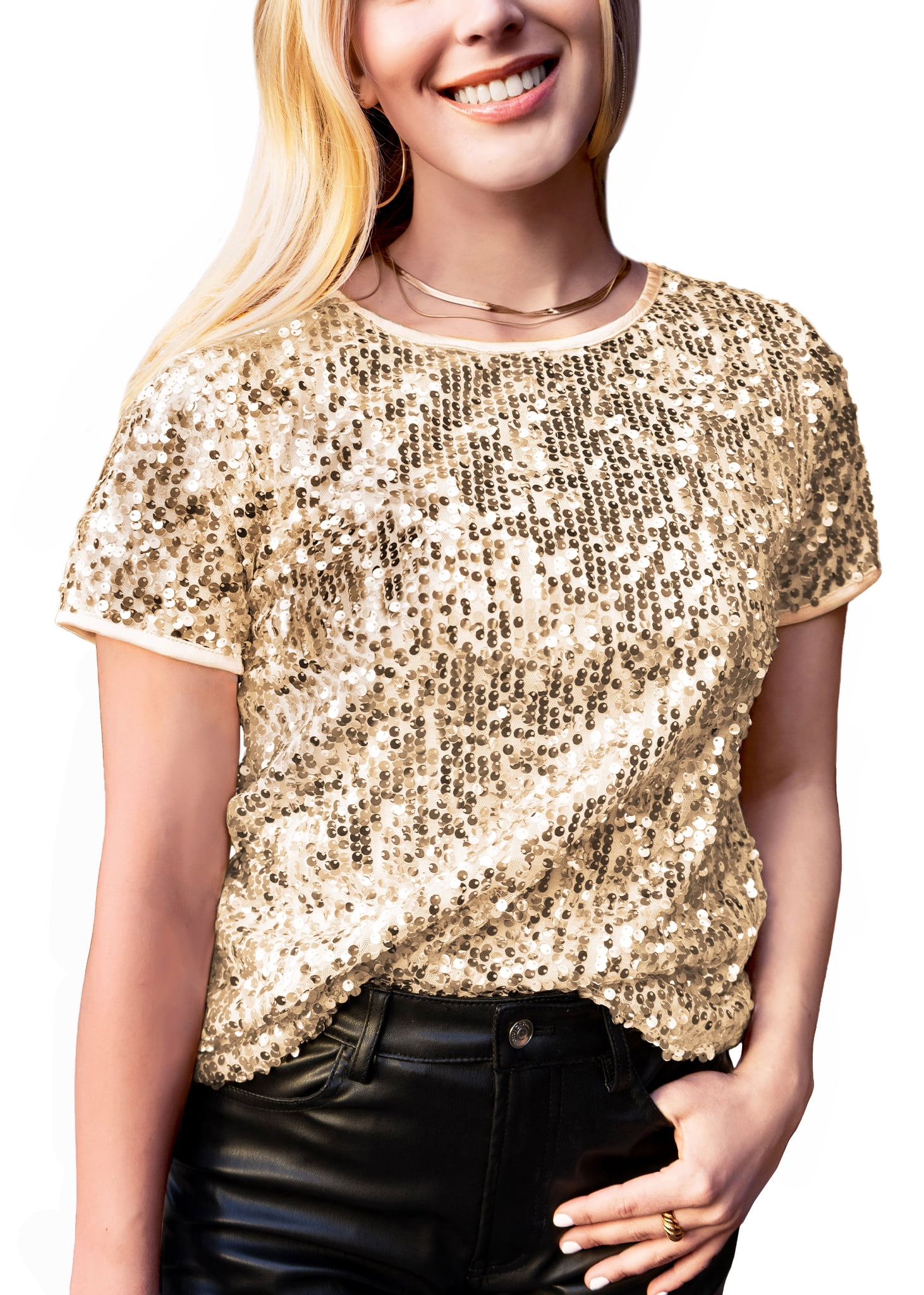 Sparkle Full Sequin Tops for Women Short Sleeve Shiny Shirt Blouse - Walmart.com