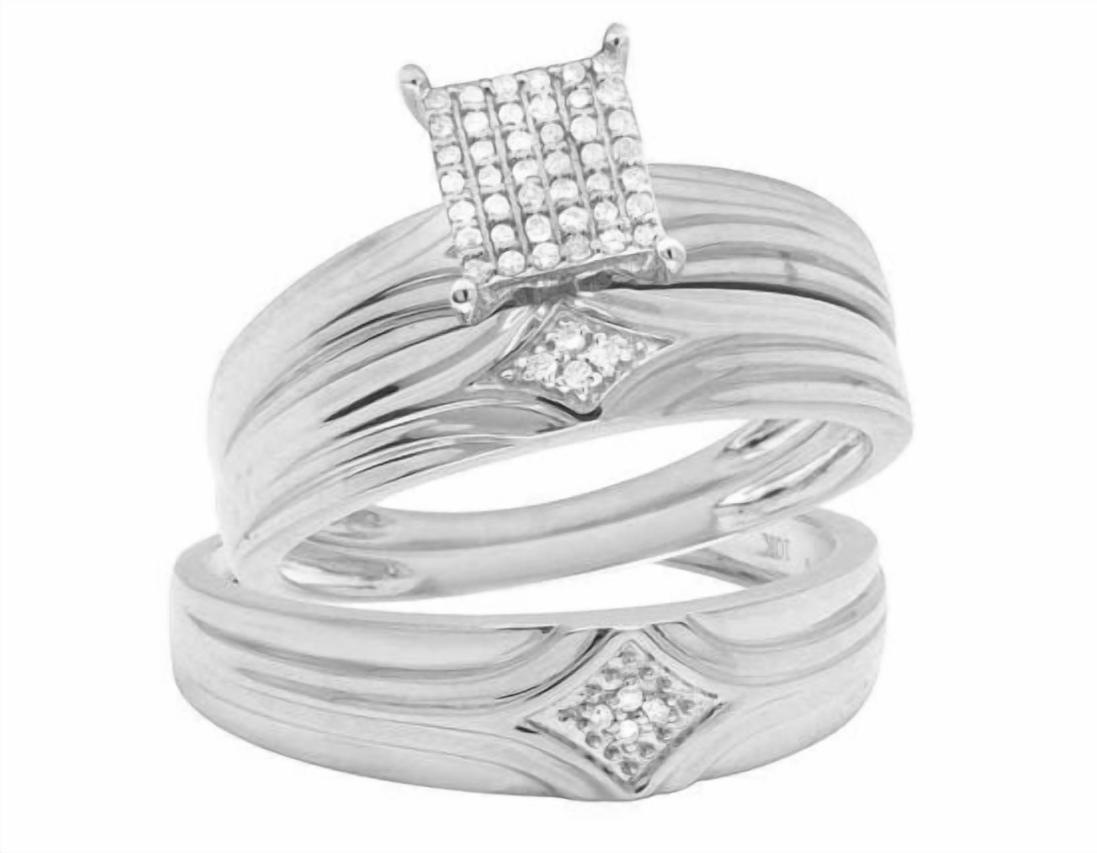 Sparkle Jewels His & Hers Silver Finish Square CZ Trio Ring Set 3-Piece ...