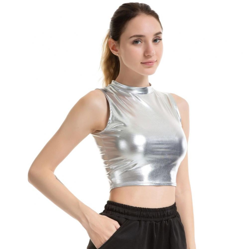 Sparkle Party Tops for Women's Sleeveless Mock Neck Metallic Crop Top ...