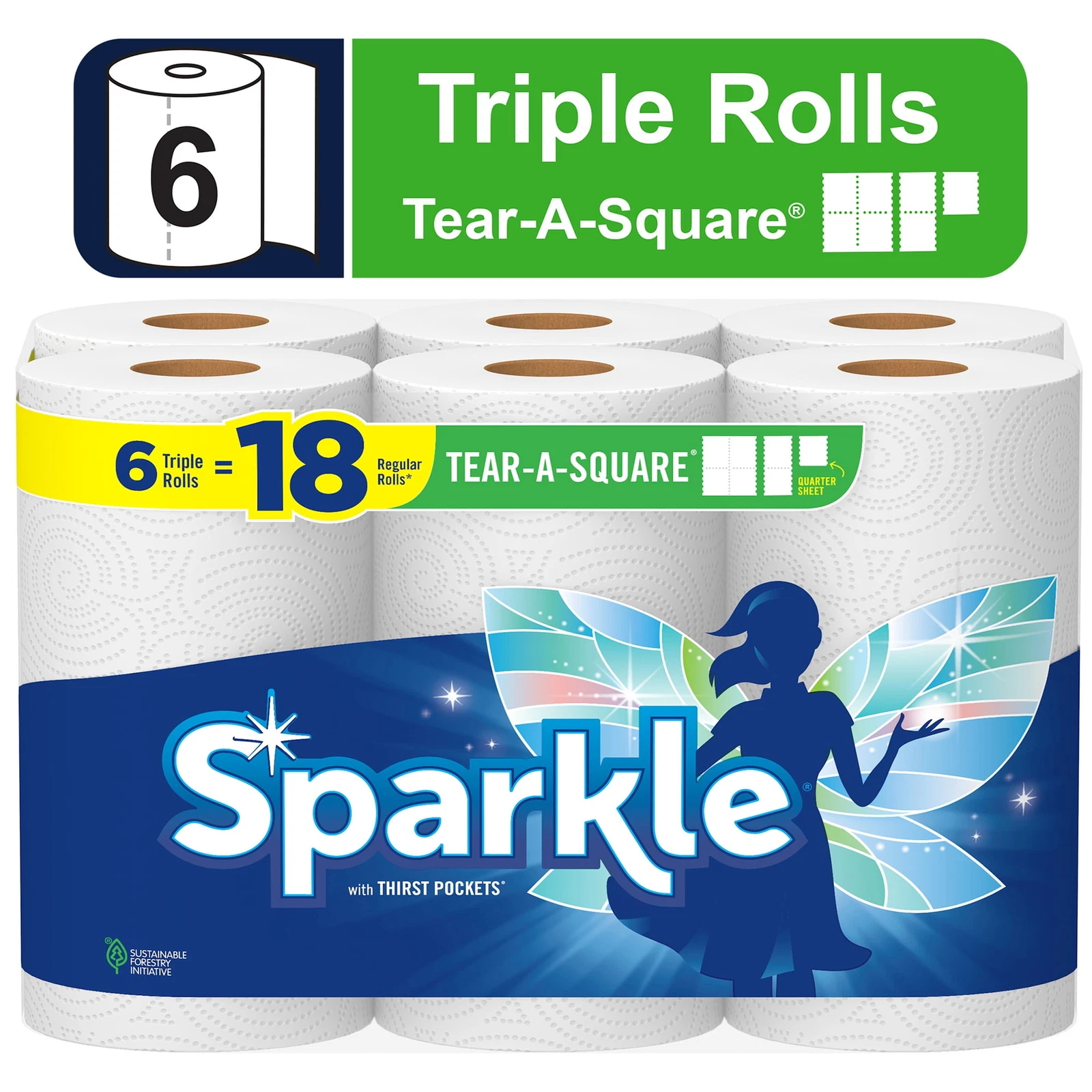 Sparkle Tear-A-Square Paper Towels, 6 Triple Rolls, White, Customizable ...