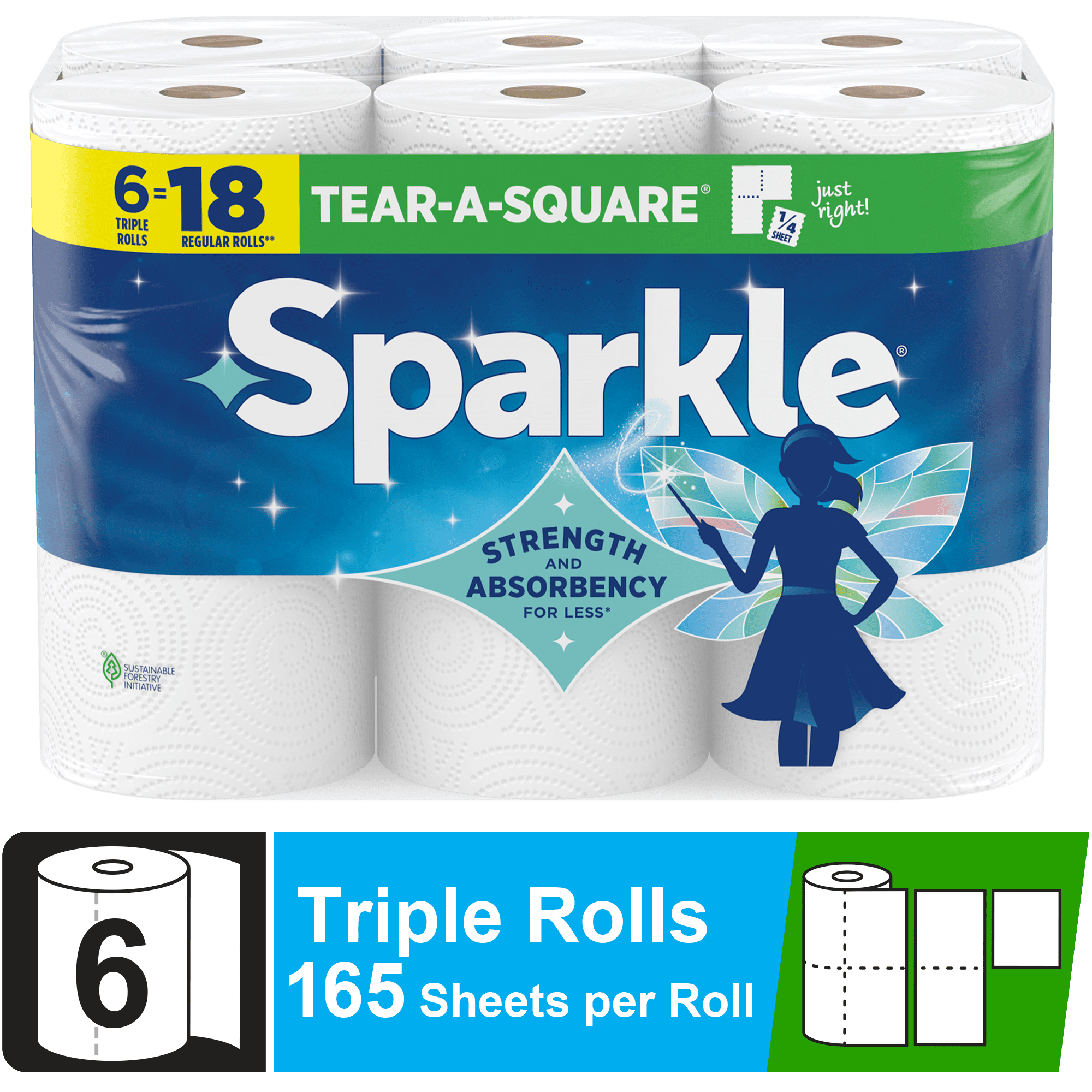 Sparkle Tear-A-Square Paper Towels, 6 Triple Rolls, 165 Sheets per Roll ...