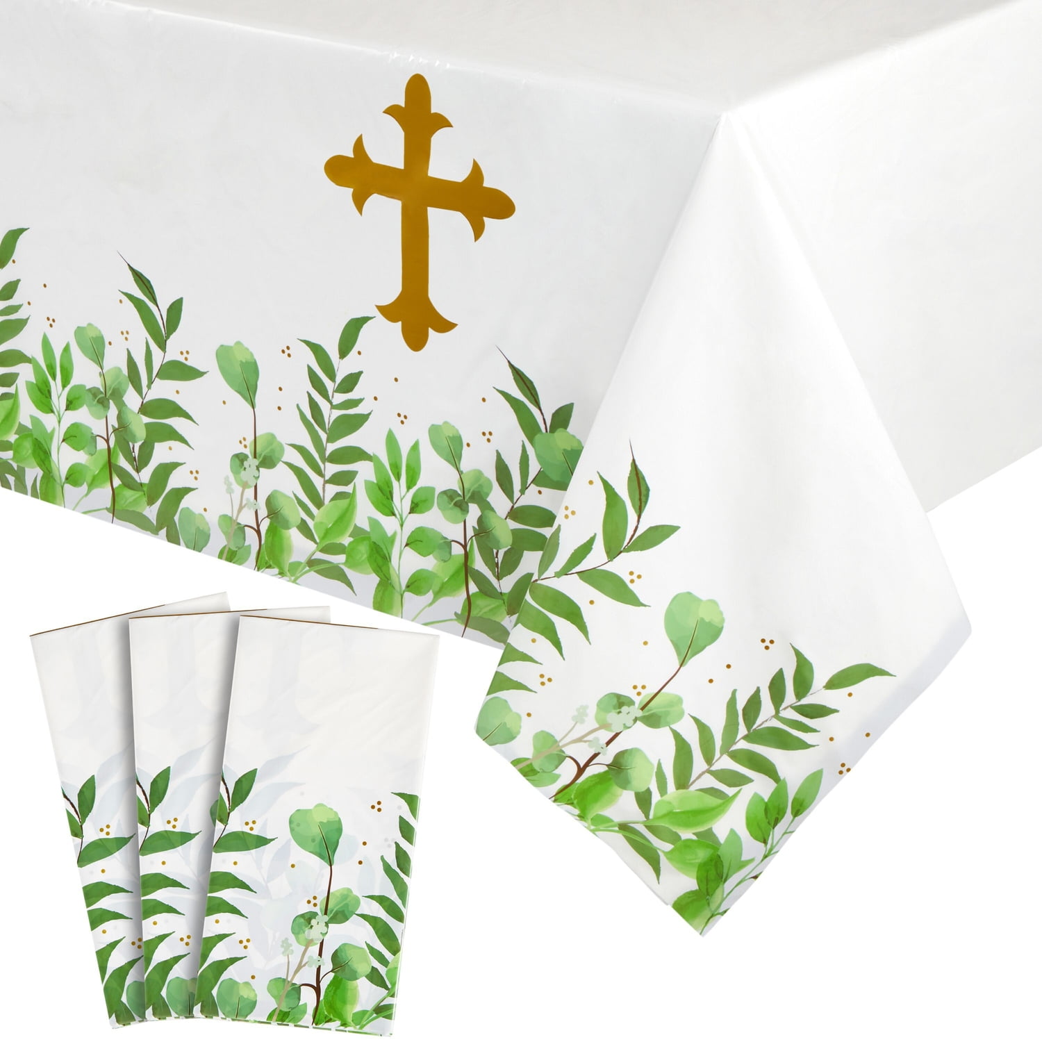 Sparkle and Bash 3-Pack Religious Baptism Tablecloth, Gold Cross Decor ...