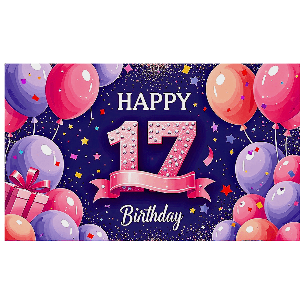 Sparkling 17th Birthday Banner with Balloons Confetti and Gift ...