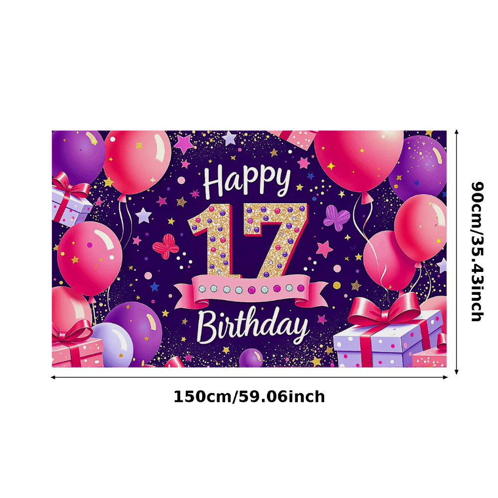 Sparkling 17th Birthday Banner with Balloons Confetti and Gift ...