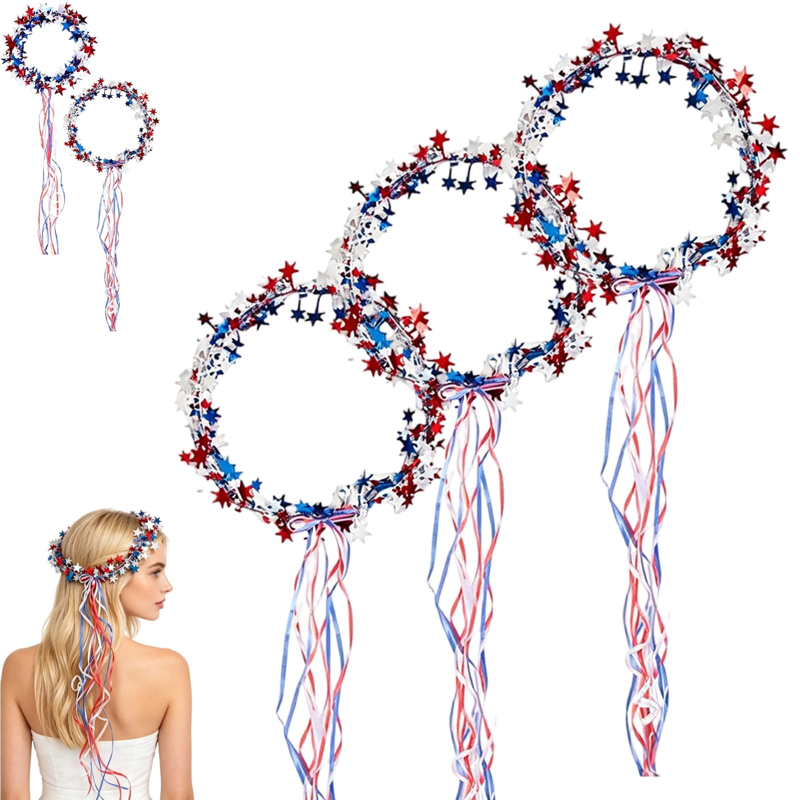 Sparkling Americana Star Crown with Flowing Ribbons, 2026 New Red White ...