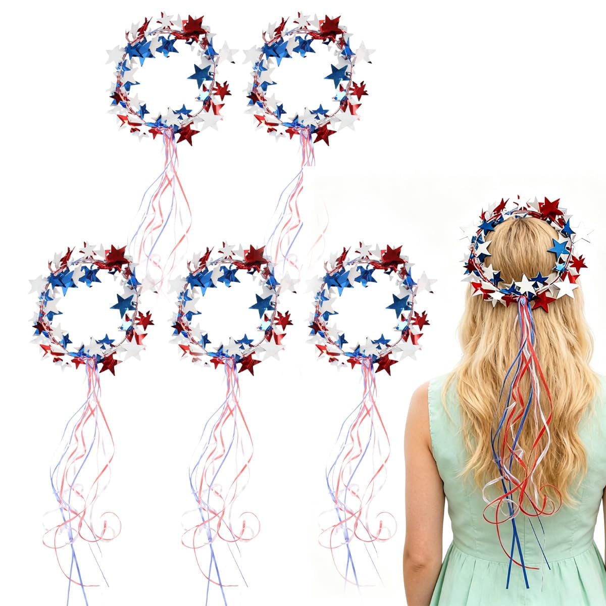 Sparkling Americana Star Crown with Flowing Ribbons, US Patriotic Hair ...
