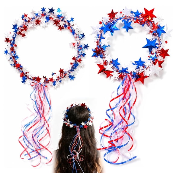Sparkling Americana Star Crown with Flowing Ribbons, US Patriotic Hair ...