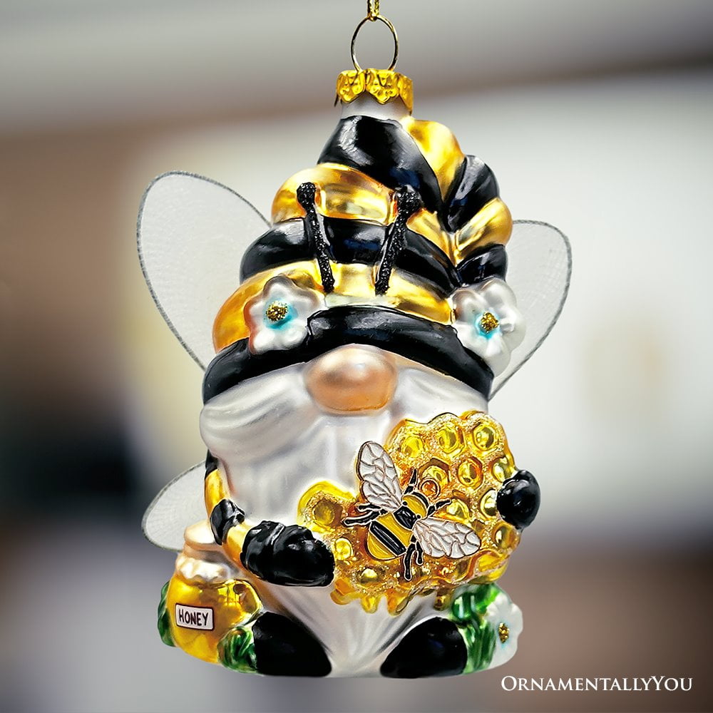 Sparkling Bee Gnome Glass Christmas Ornament, Bumblebee Themed Holiday ...