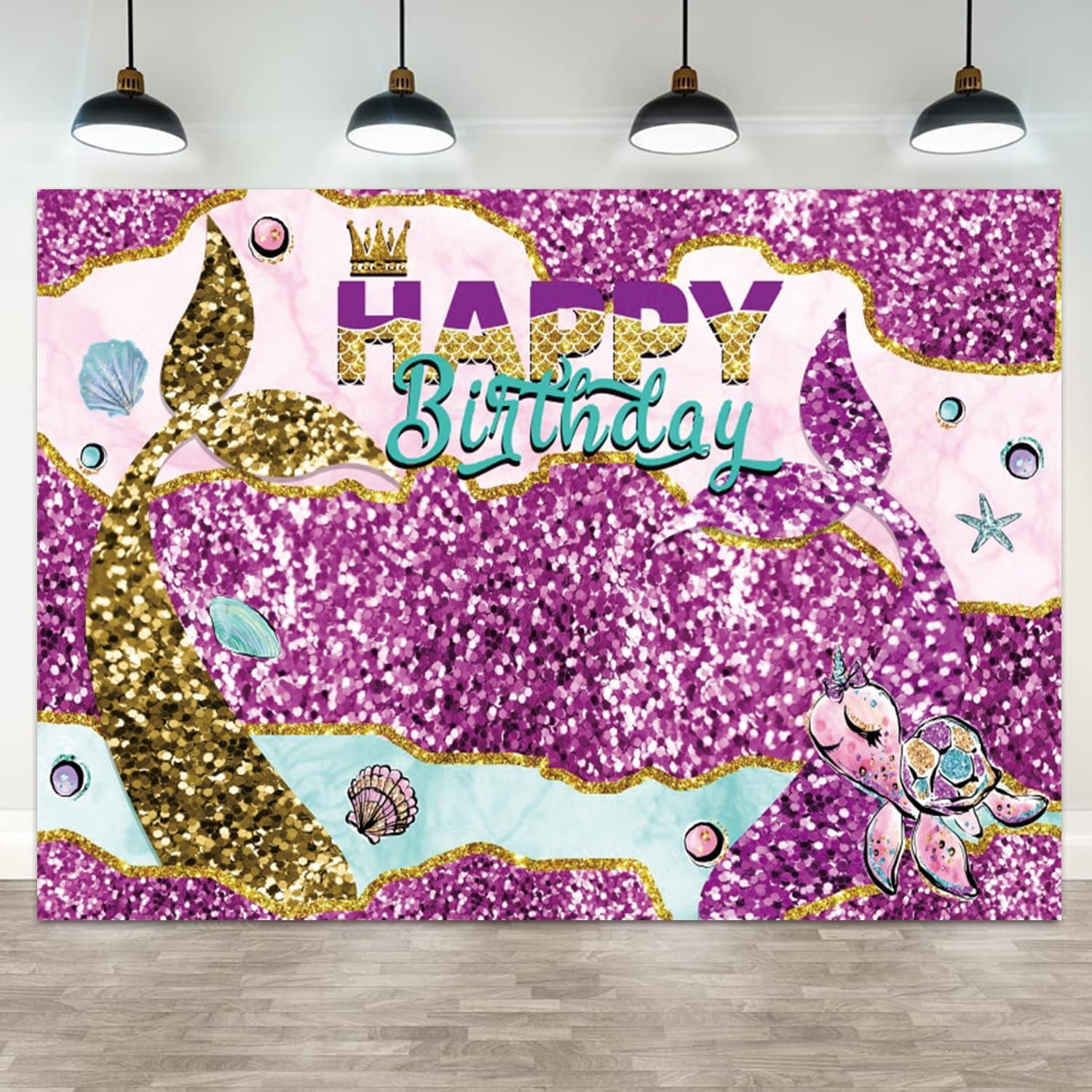 Sparkling Birthday Backdrop Glitter Purple Golden Mermaid Tails Ocean ...