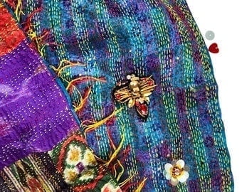Sparkling Boho Vintage Reversible Patchwork Kantha Silk Scarf With Bee ...