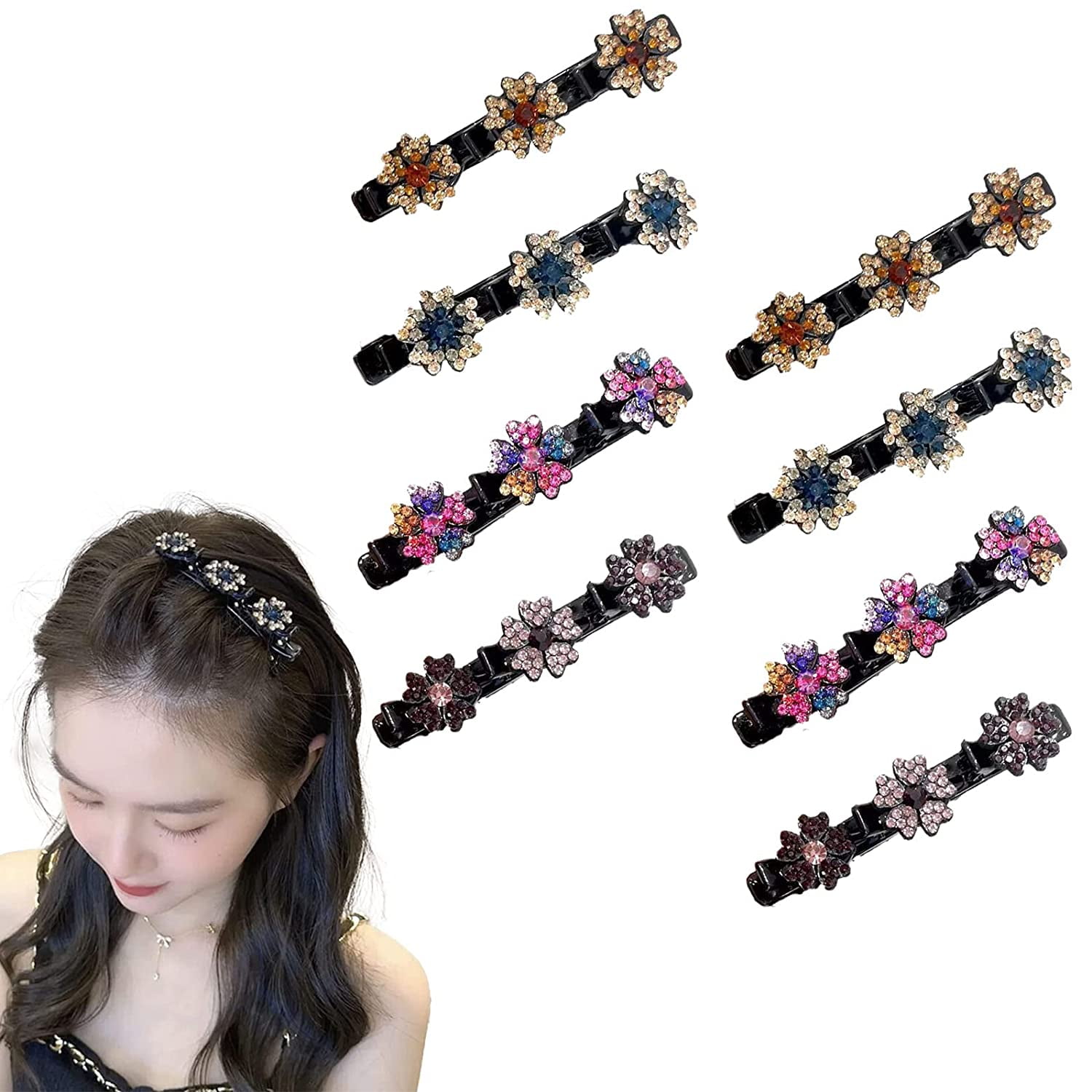 Sparkling Crystal Stone Braided Hair Clips, 4/8PCS Satin Fabric Hair ...