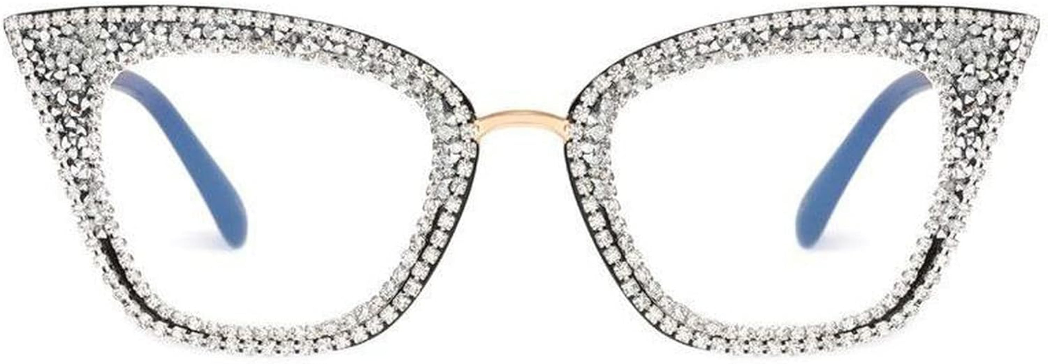 Sparkling Diamond Rhinestone Blue Light Blocking Glasses For Women Metal Frame Crystal Cat Eye