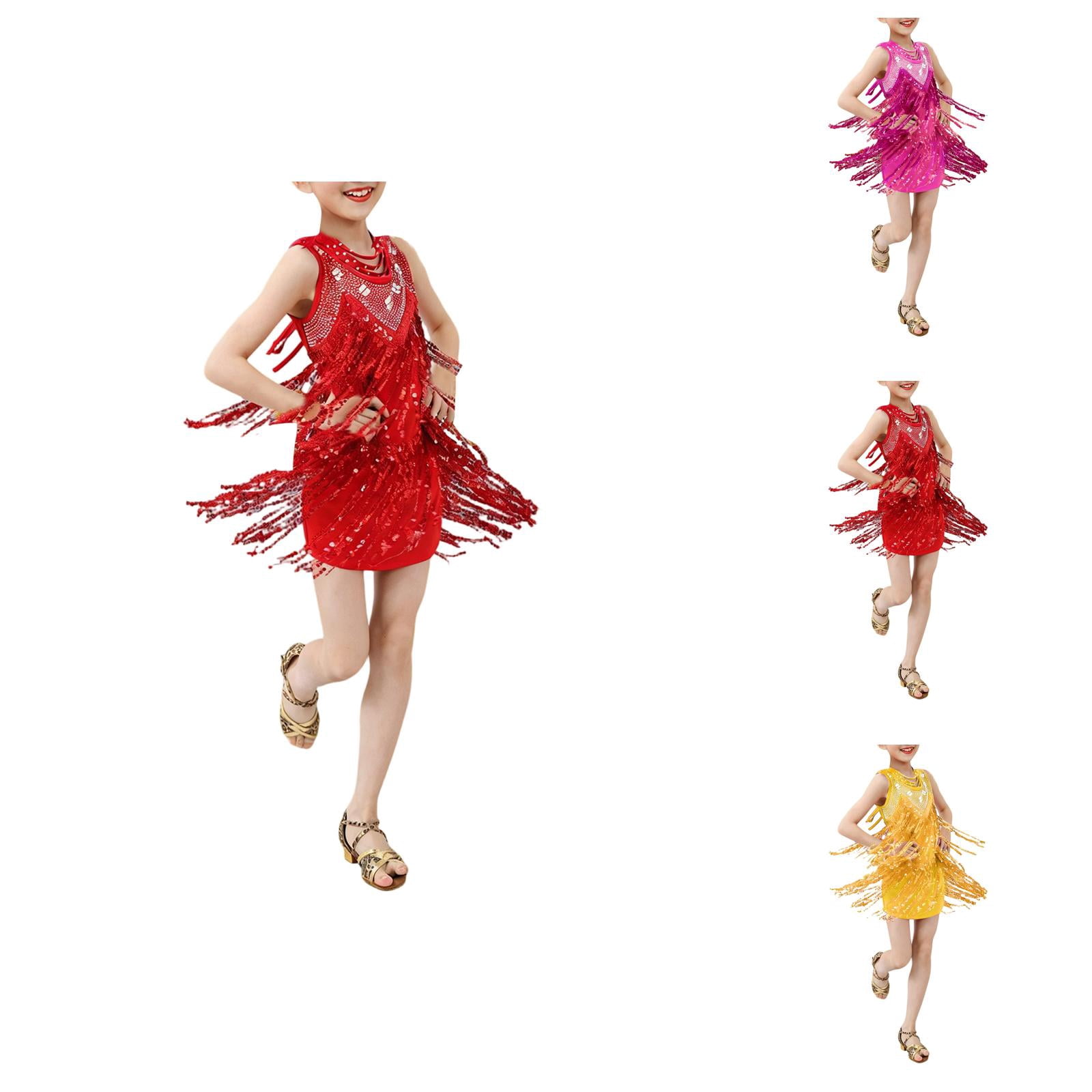 Sparkling Fringe Latin Dance Dress, Sequined Flowy Performance Outfit ...