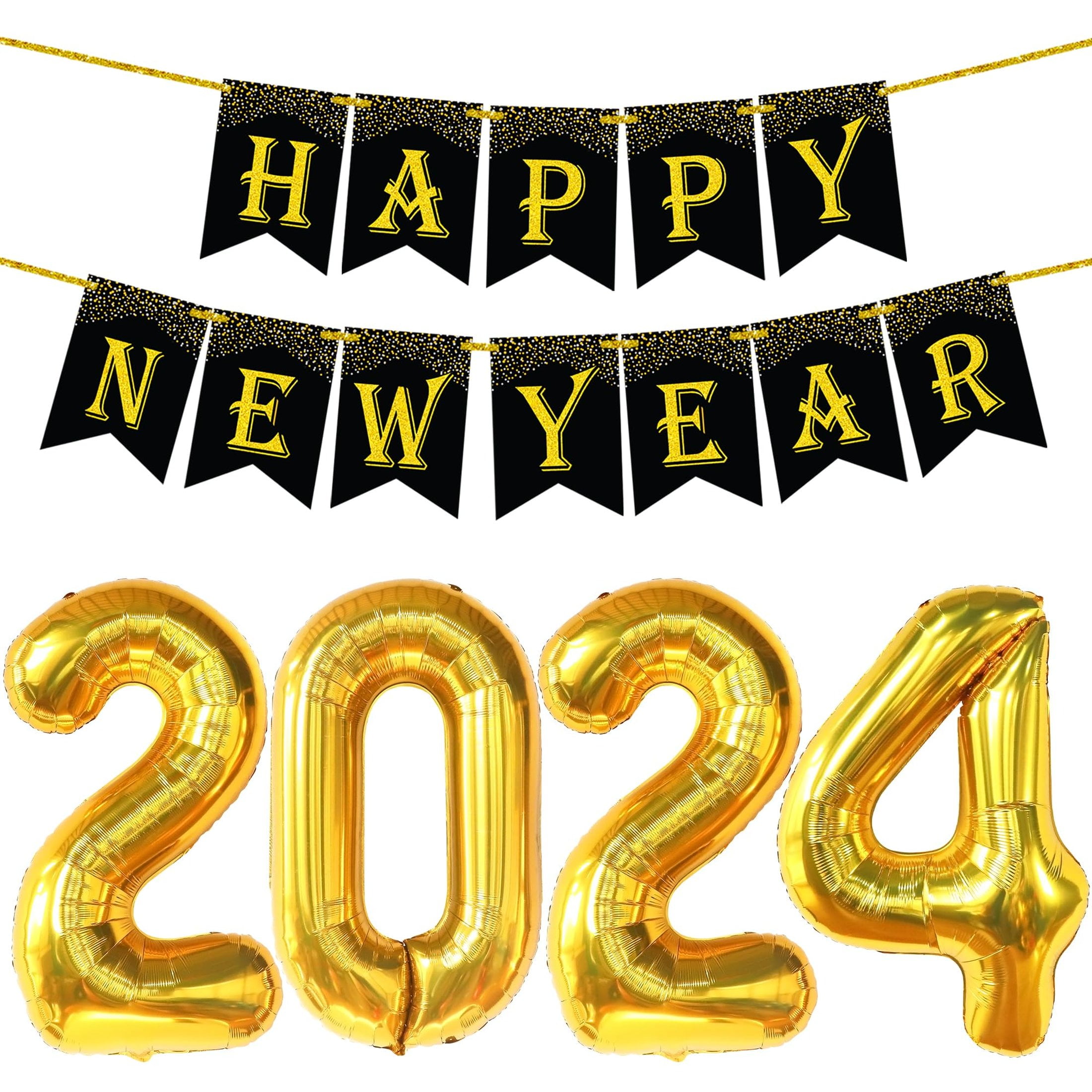 Sparkling Gold Number Balloons & Glittery Happy New Year Banner Set ...