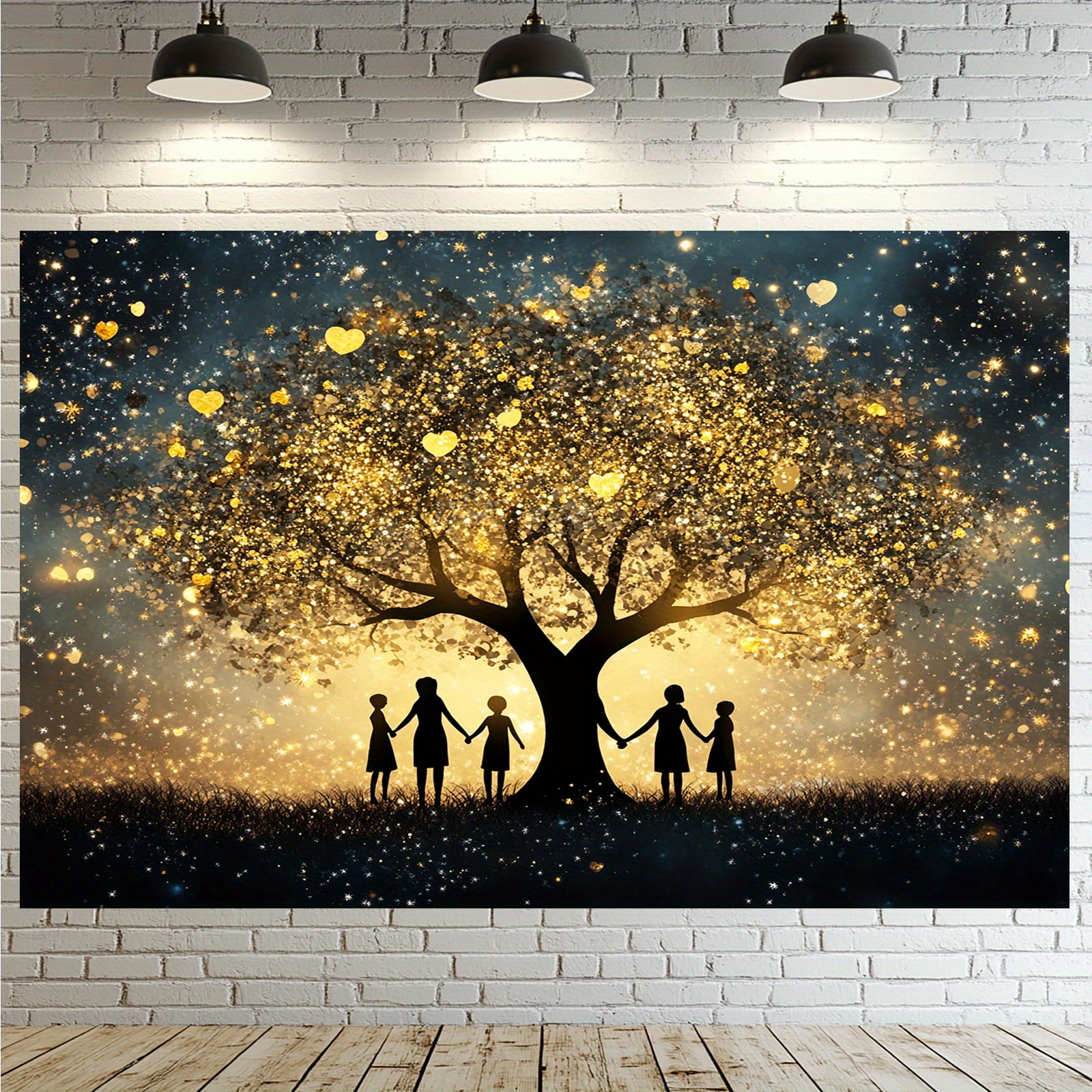Sparkling Golden Family Tree Banner Silhouetted Family Members Family ...