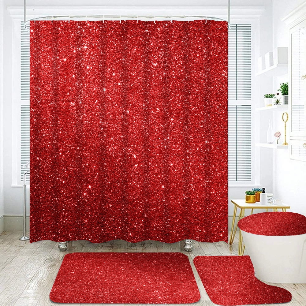 Sparkling Golden Red Shower Curtain Set with Non-Slip Rugs Toilet Lid ...