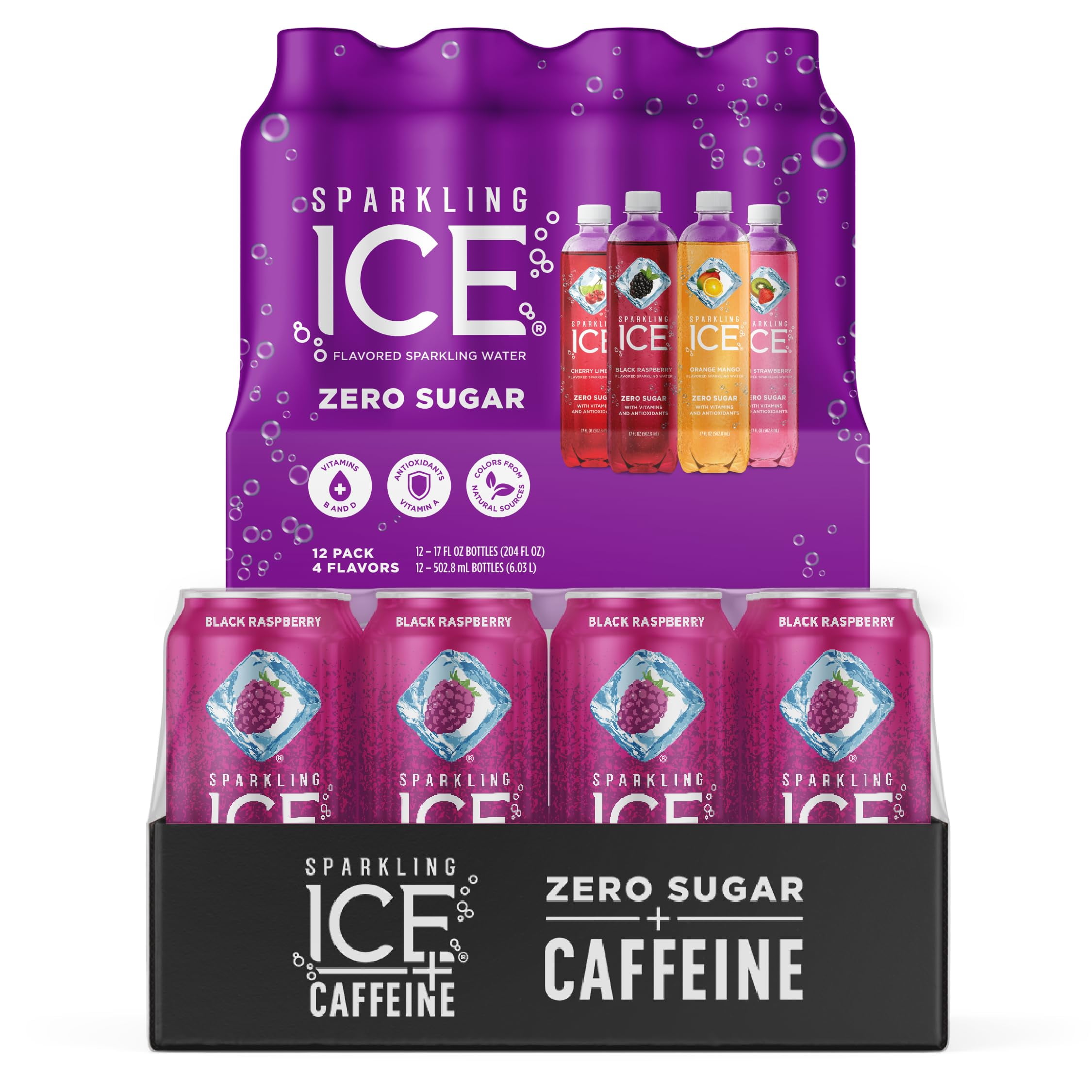 Sparkling Ice Black Raspberry Variety Pack with Caffeine, Zero Sugar Flavored Sparkling Water ...