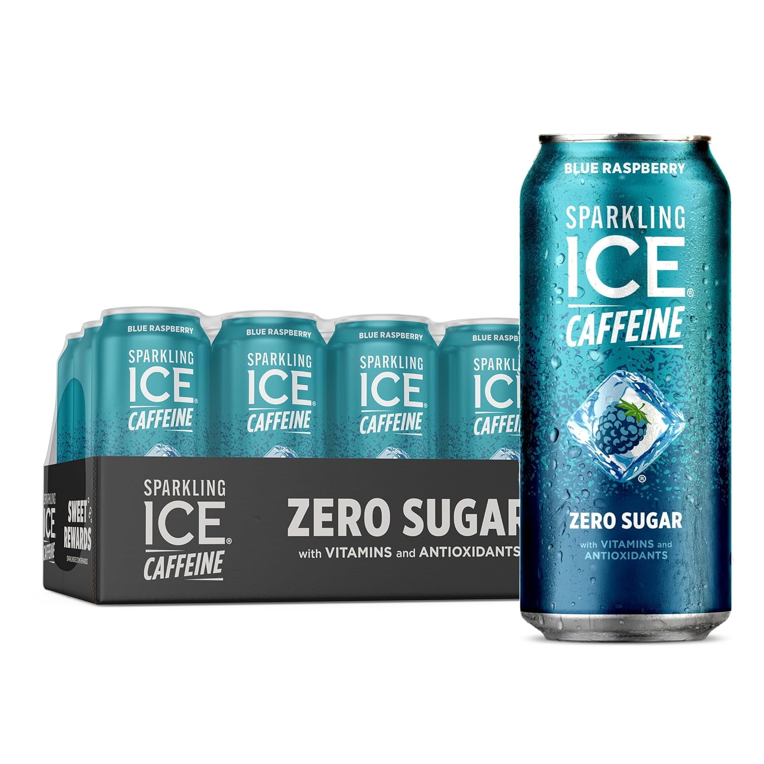 Sparkling Ice +Caffeine Blue Raspberry Sparkling Water, with Antioxidants and Vitamins, Zero ...