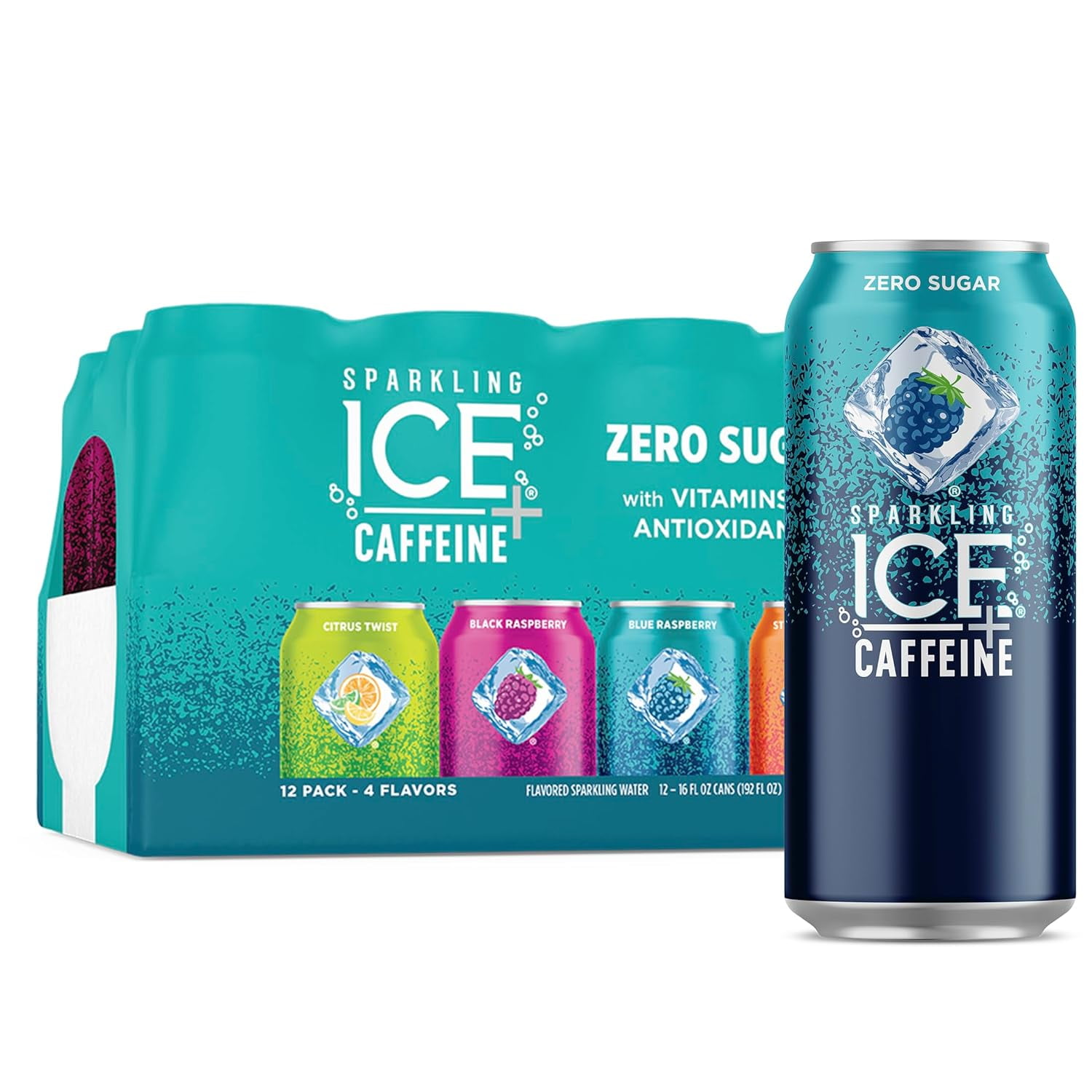 Sparkling Ice +Caffeine Variety Pack, Flavored Sparkling Water, Zero Sugar, with Vitamins and ...