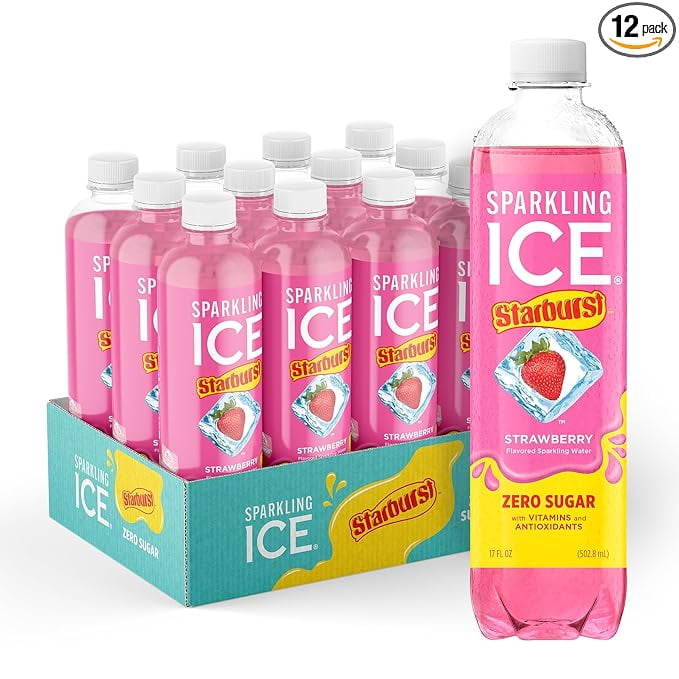 Sparkling Ice STARBURST Strawberry, Zero Sugar Flavored Sparkling Water, with Vitamins and ...