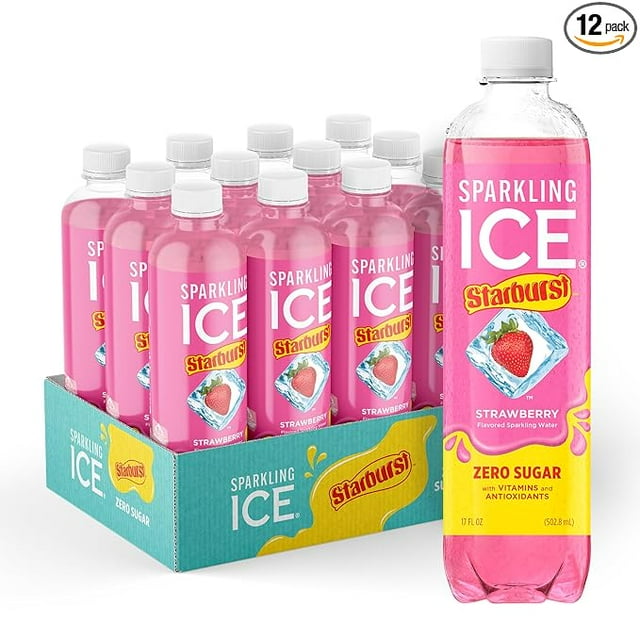 Sparkling Ice STARBURST Strawberry, Zero Sugar Flavored Sparkling Water, with Vitamins and ...