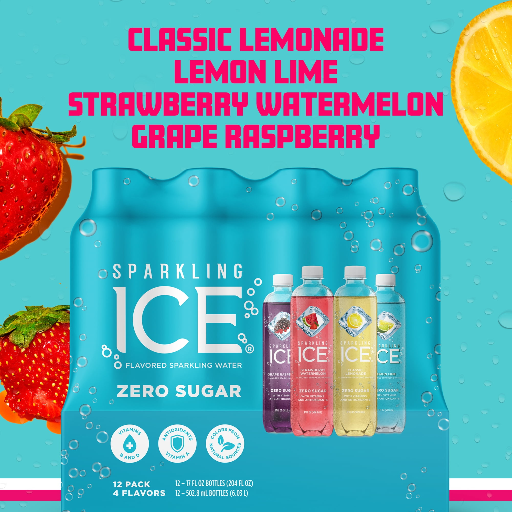 Sparkling Ice?? Variety Pack, 12 Count (Grape Raspberry, Strawberry Watermelon, Classic Lemonade ...