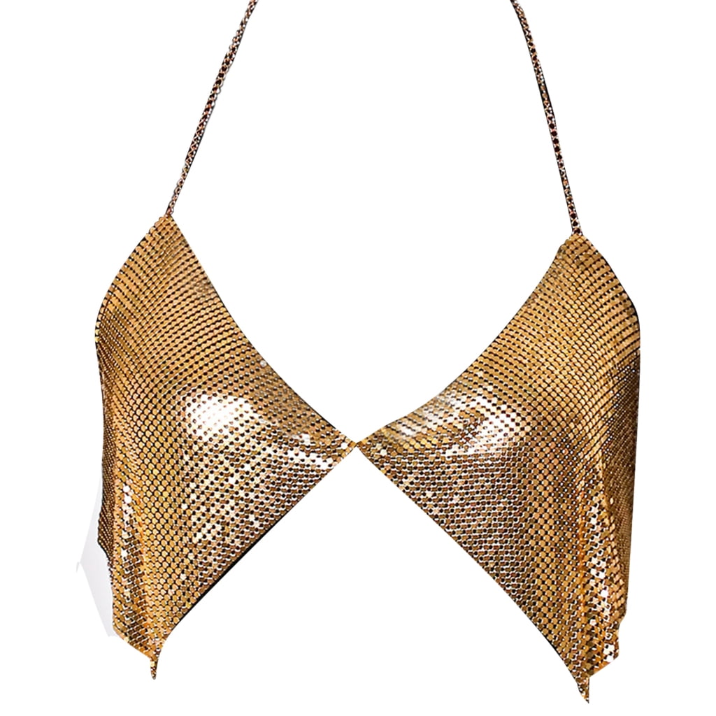 Sparkling Metallic Sequins Halterneck Backless Crop Top for Women ...