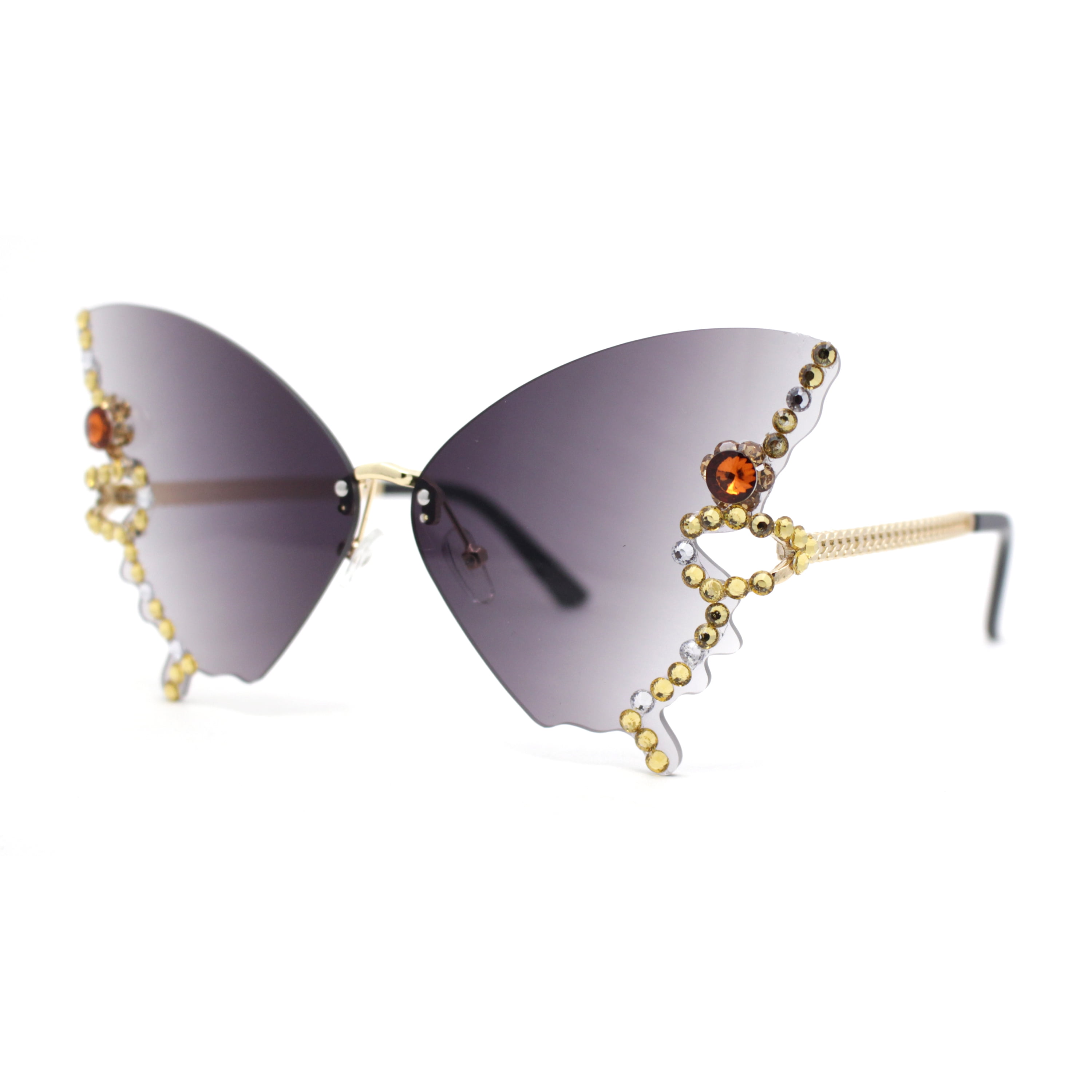 Sparkling Rhinestone Jewel Trim Butterfly Shape Rimless Sunglasses Gold ...