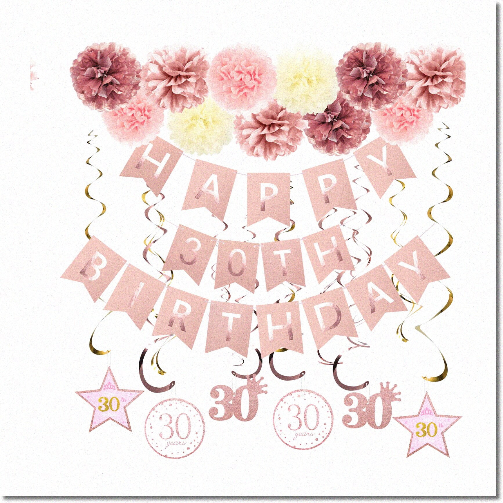 Sparkling Rose Gold 30th Birthday Party Kit - Glittery Banner, Poms ...