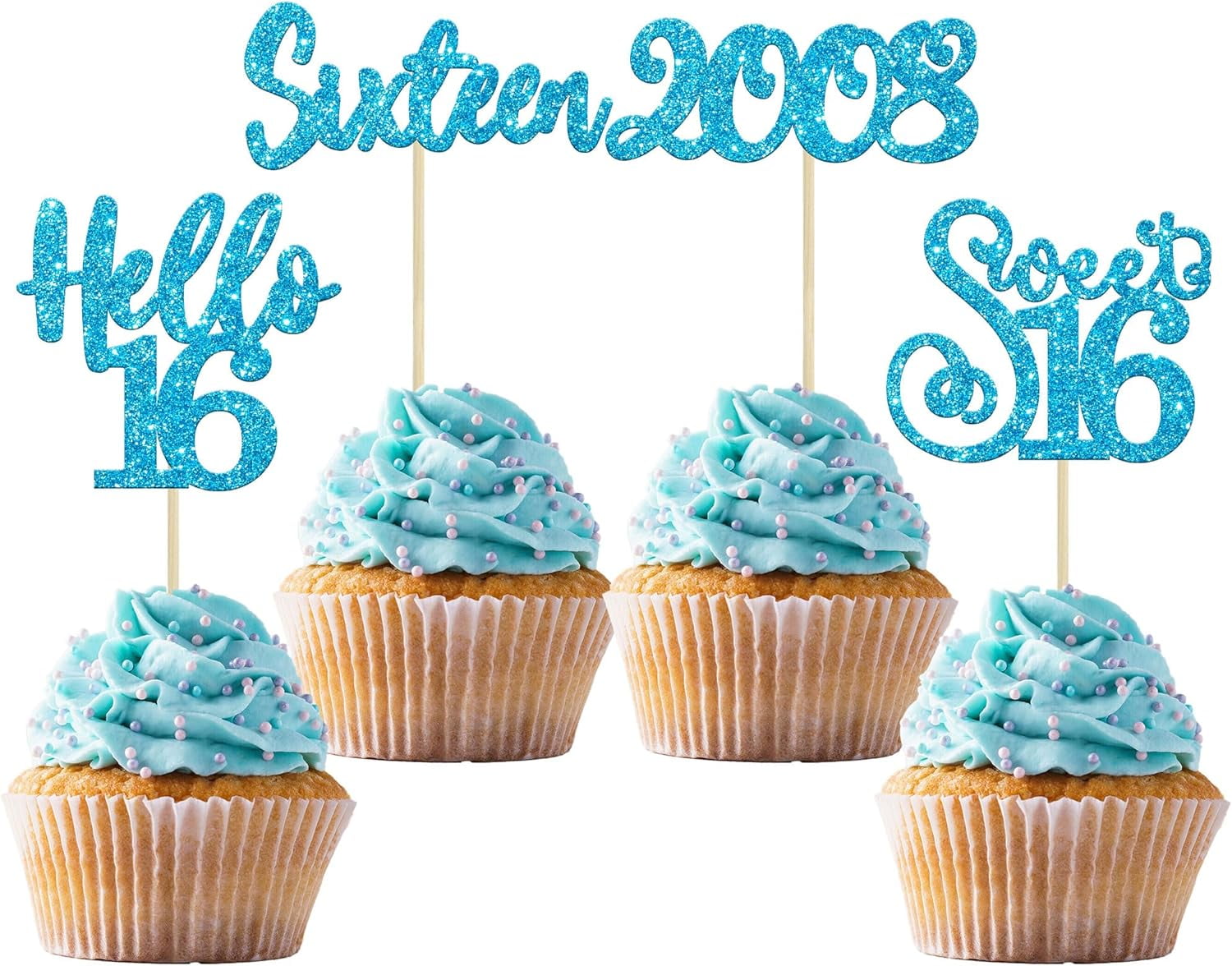 Sparkling Sweet 16 Cupcake Toppers - Glitter Hello 16 Birthday Picks ...