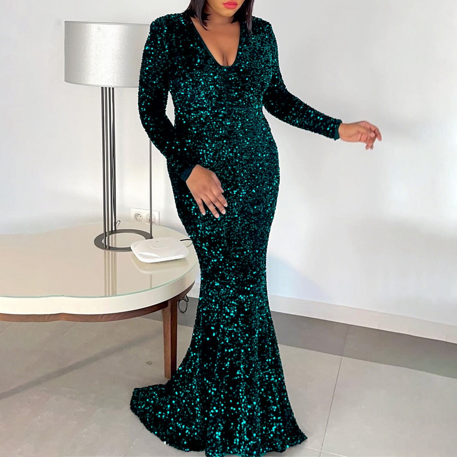 Sparkling Tail Evening Gown Dress For Women Elegant Sequin Party Long ...