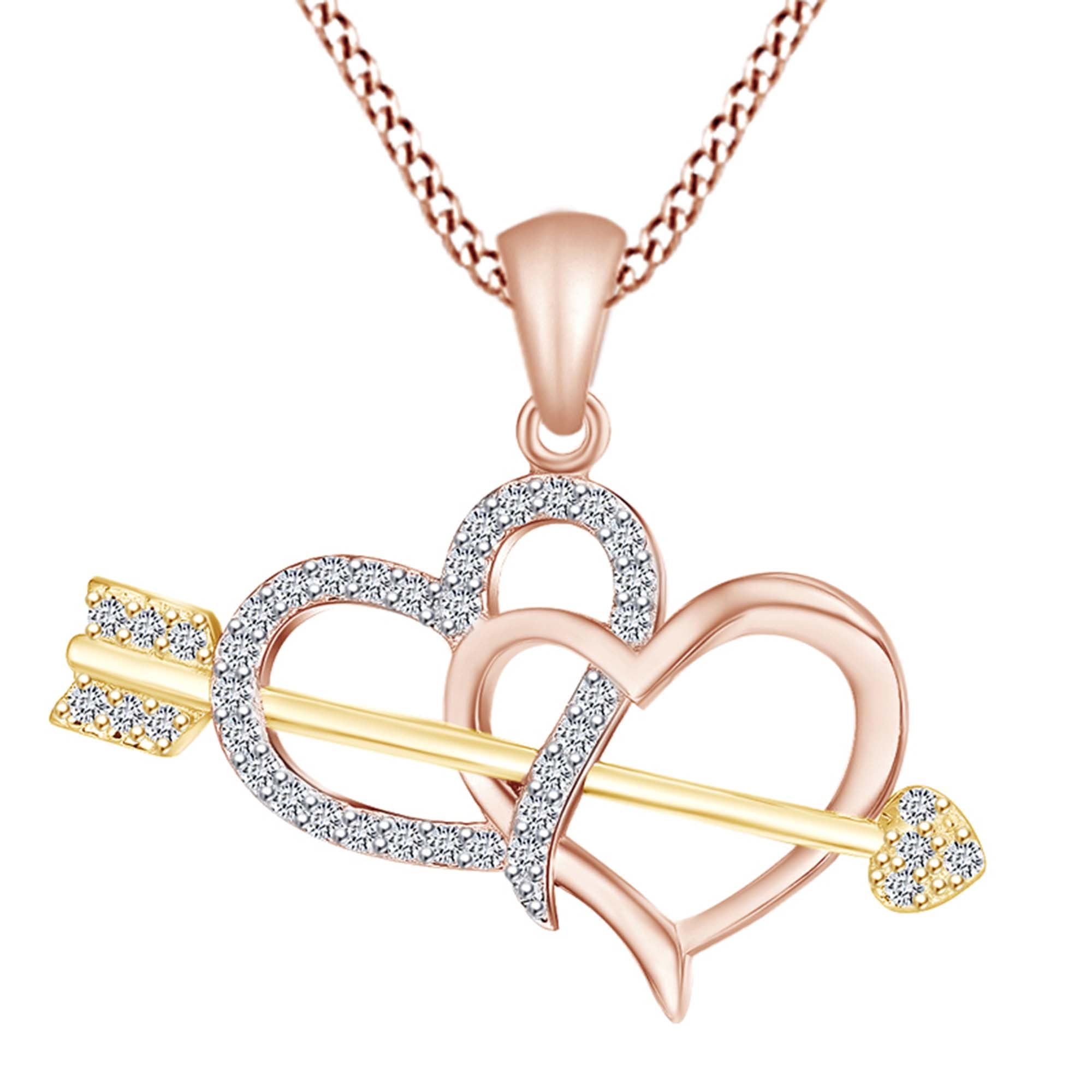 AFFY Sparkling White Cubic Zirconia Two Tone Double Heart Arrow Pendant ...