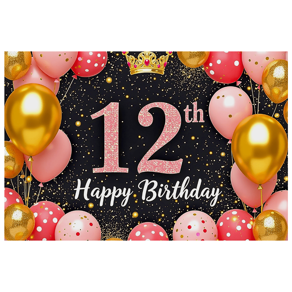 Sparkly 12th Birthday Backdrop Banner with Crown Balloons and Stars ...