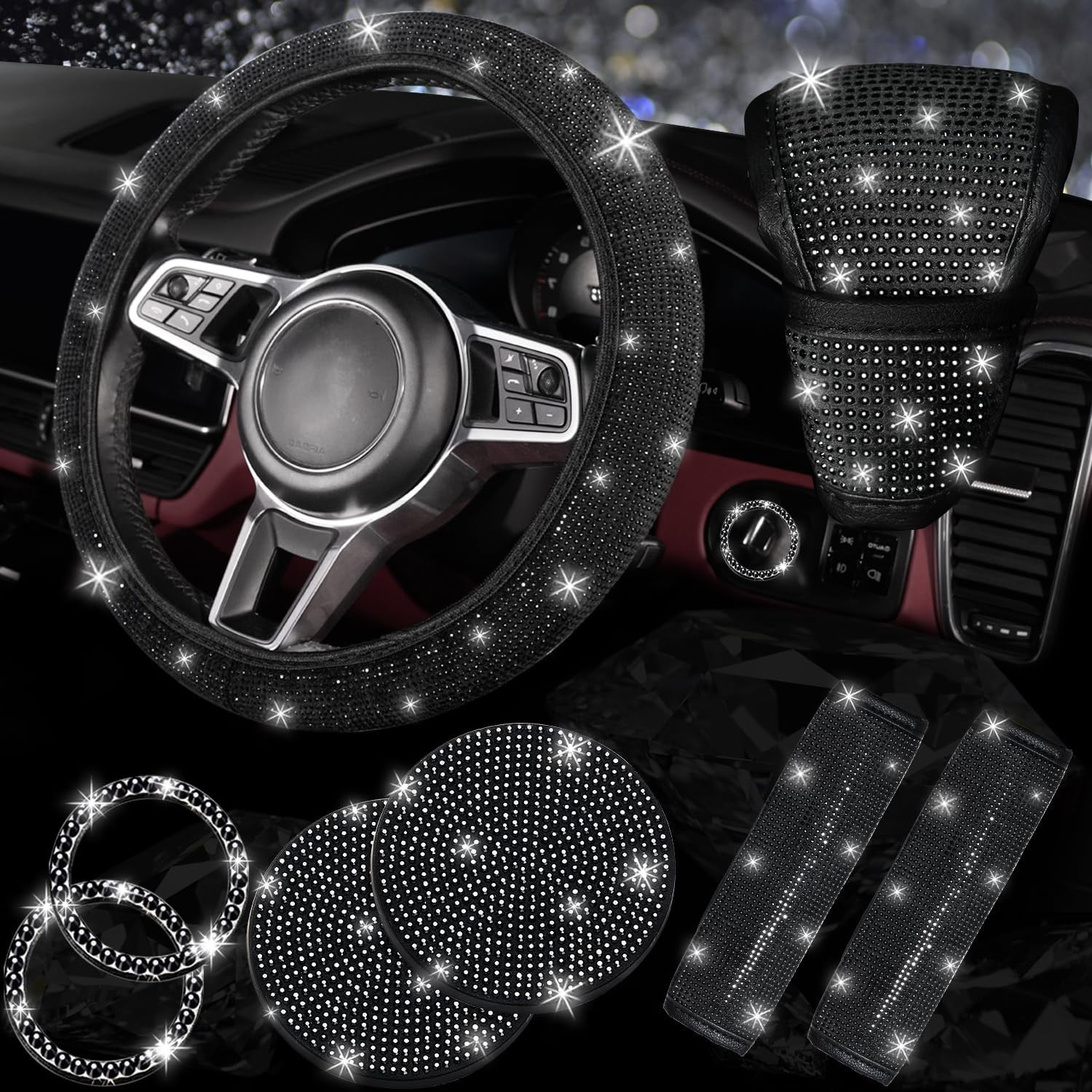Sparkly Car Interior Set-Bling Steering Wheel Cover,Seat Belt&Gear ...