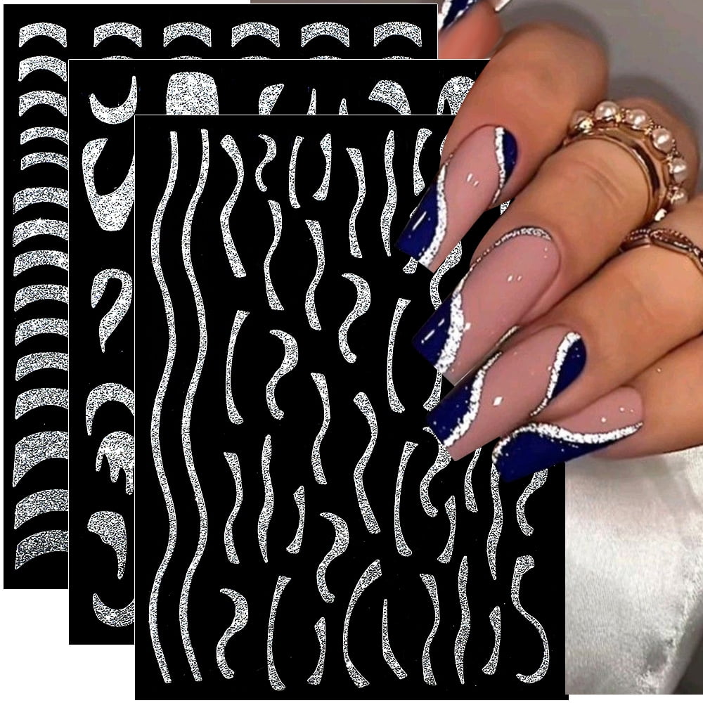 Sparkly Glitter French Nail Stickers,3D Glitter Silver Nail Decals ... Sparkly Glitter French Nail Stickers,3D Glitter Silver Nail Decals ...