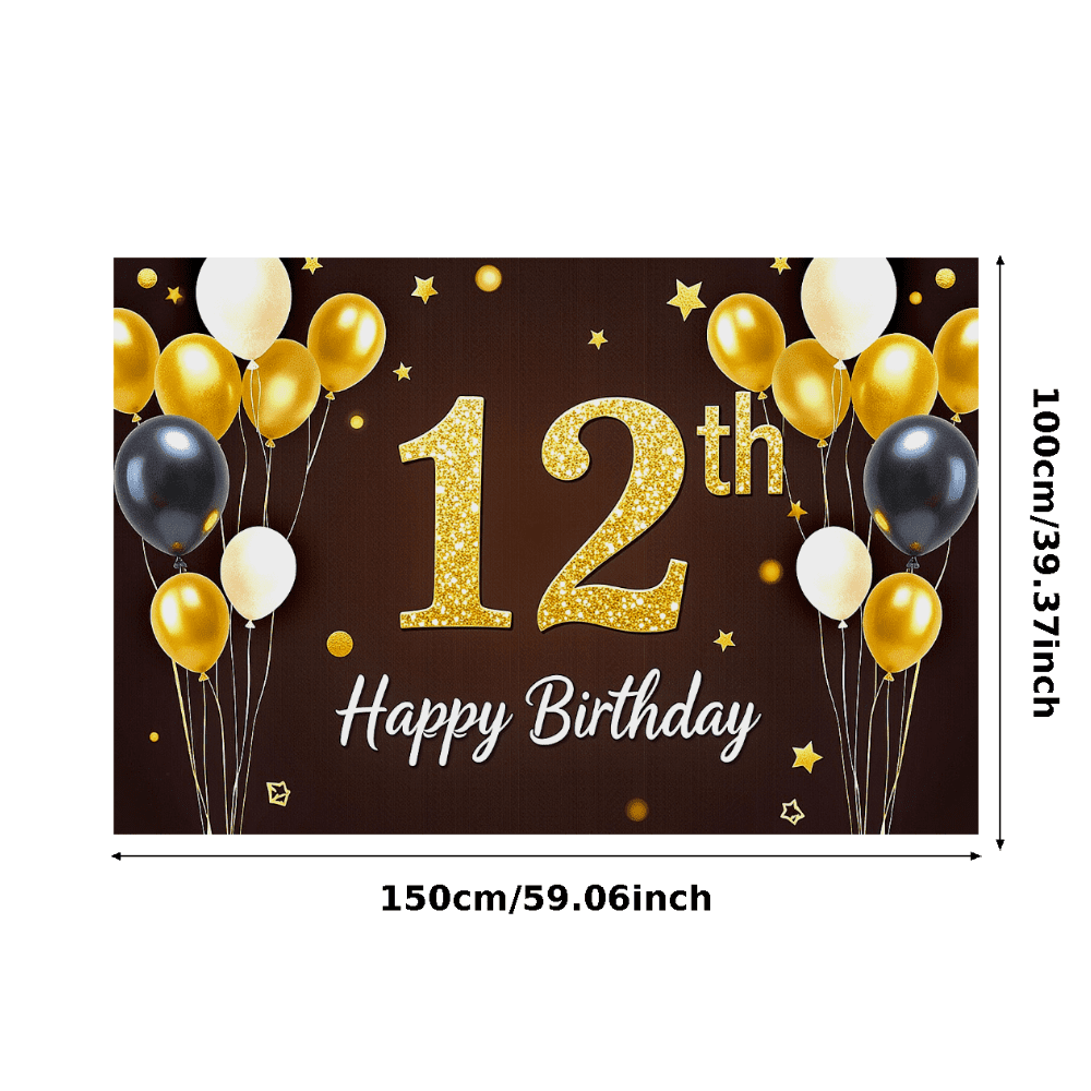 Sparkly Golden 12th Birthday Banner Backdrop with Balloons and Stars ...