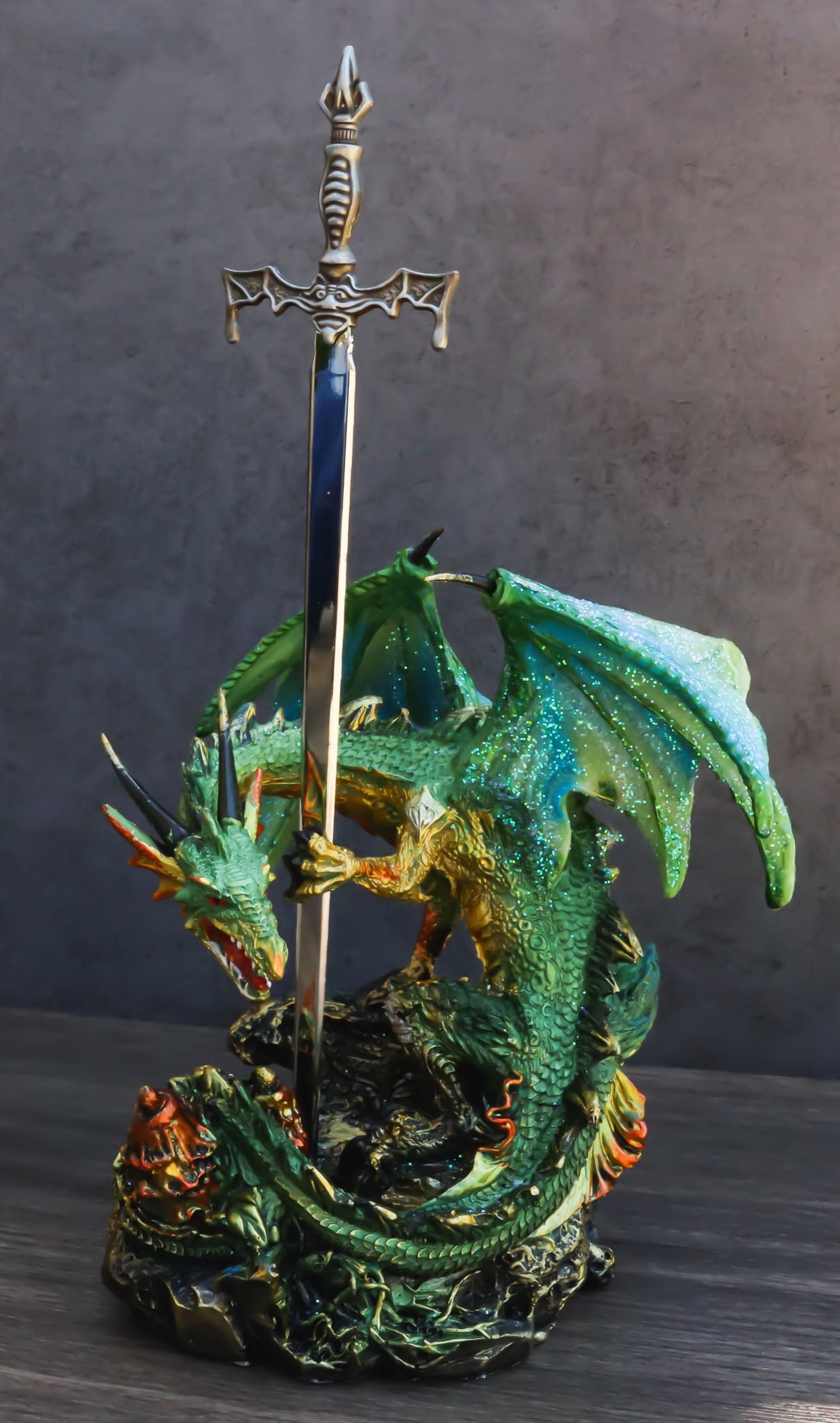 Sparkly Green Knight Dragon Holding Tiki Bat Sword Letter Opener ...