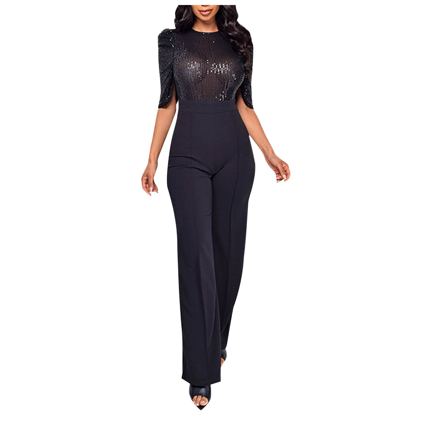 Sparkly Jumpsuit for Women Dressy Puff Sleeve High Waisted Elegant ...