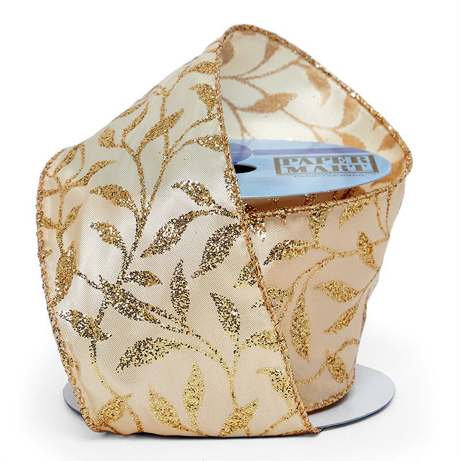 Sparkly Leaves On Wired Ribbon, 2 1/2" X 10 Yards, Gold Glitter Leaf ...