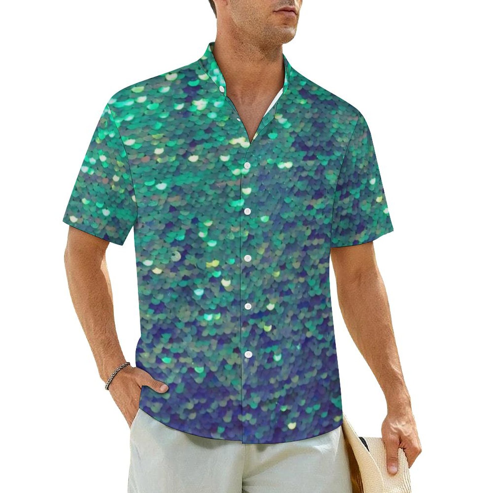 Sparkly Mermaid Scales Vacation Shirt Men Blue Glitter Animal Skin ...